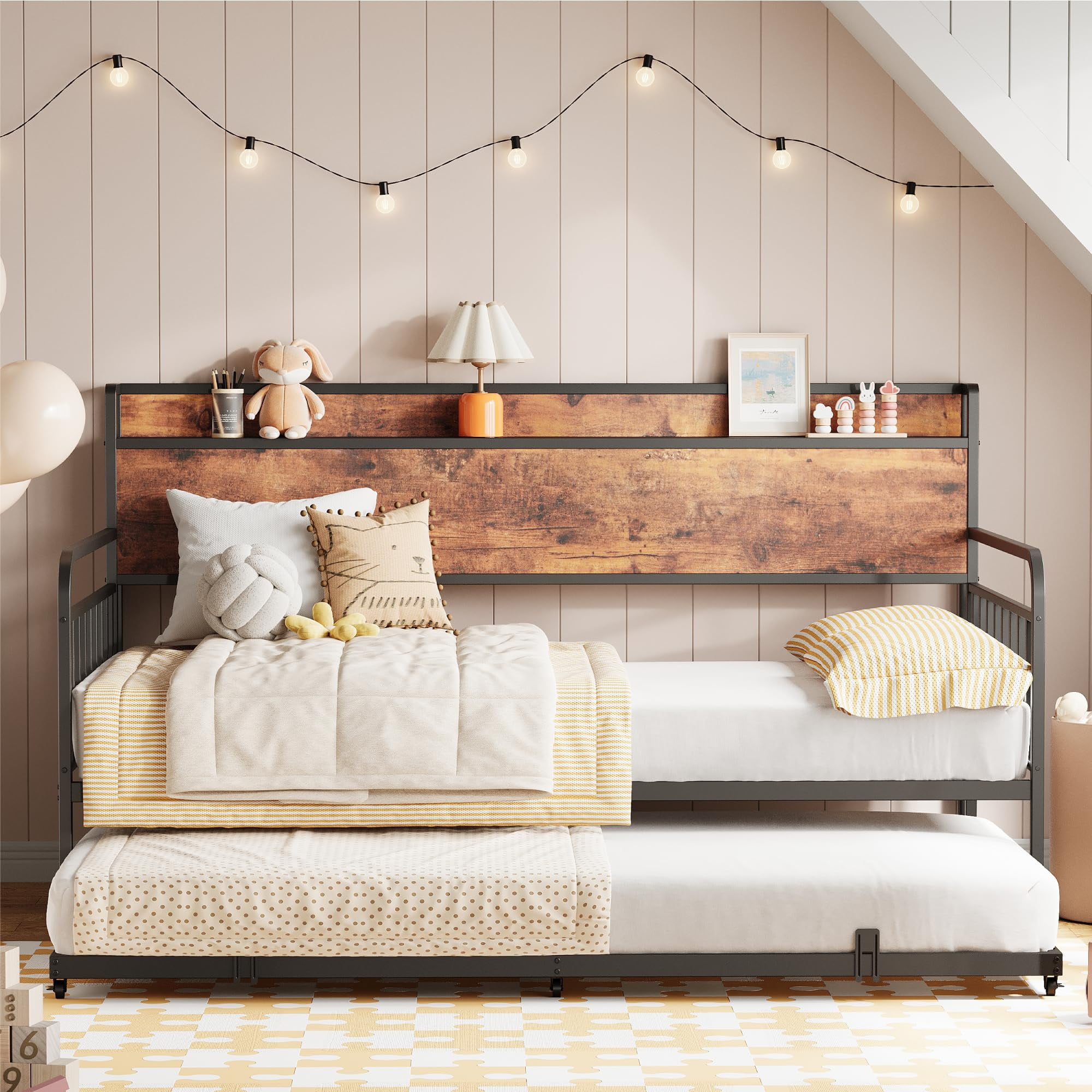 Compact Daybed with Trundle, Twin Metal Bed Frame with Storage ...