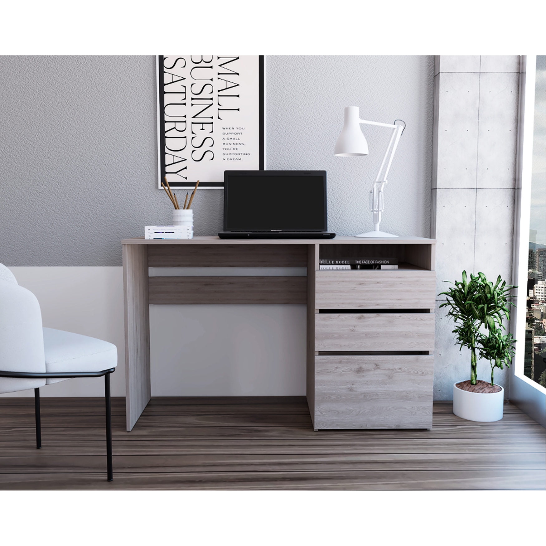 Compact Design Light Gray Computer Desk with 3 Drawers, Shelf - For ...
