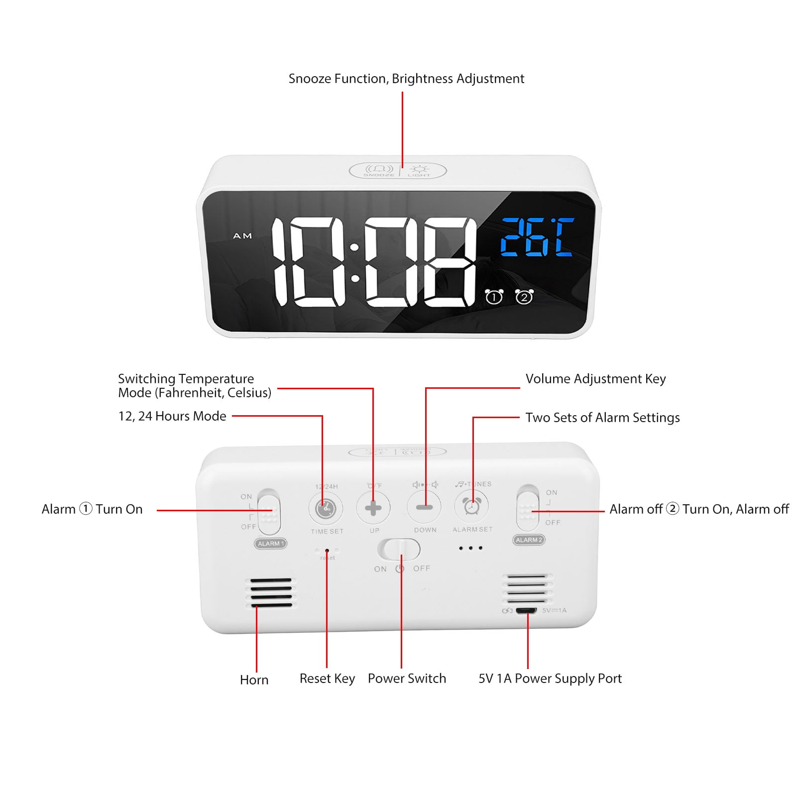 Compact Digital Alarm Clock with USB Charging Port, 5.7In Big Screen, 3 ...
