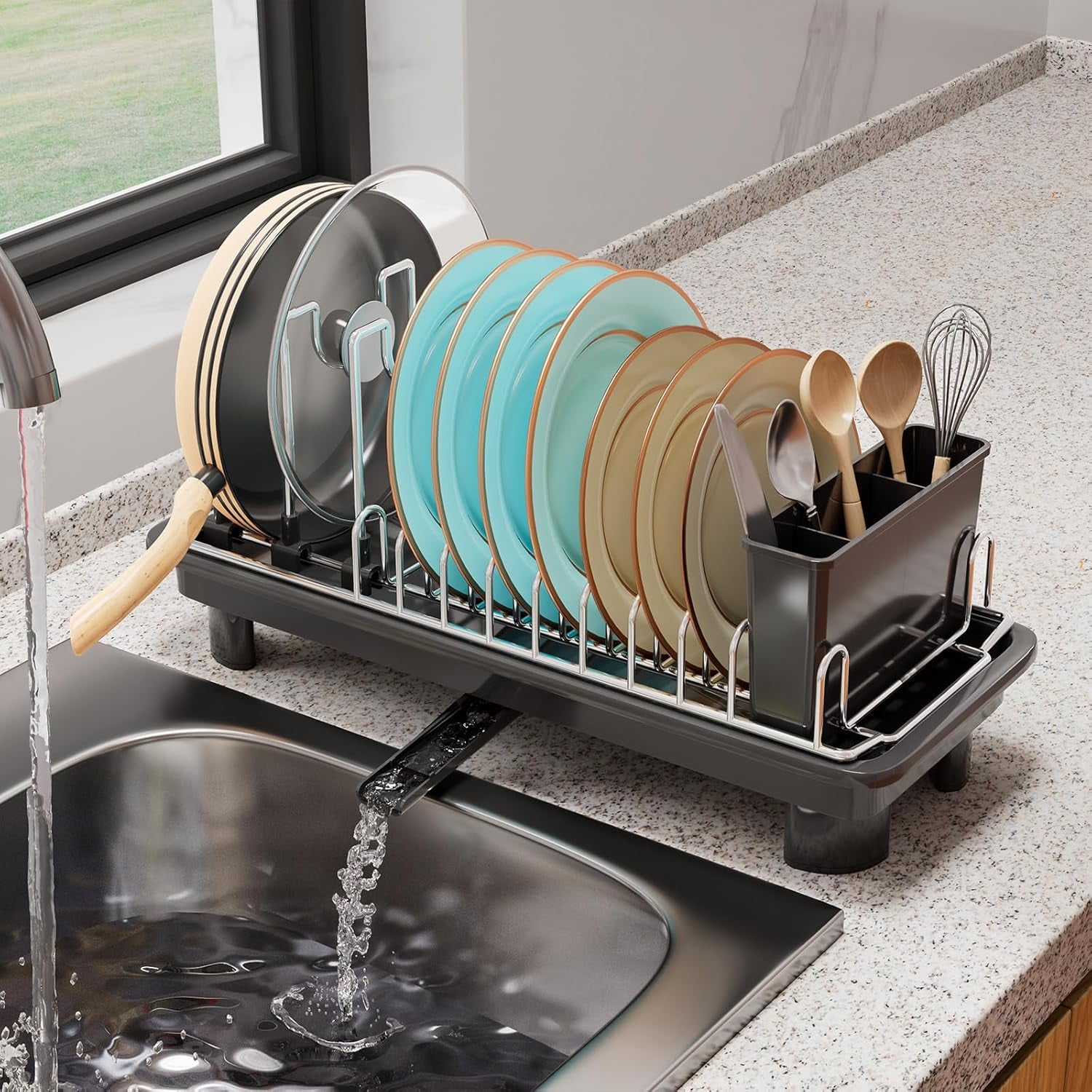Compact Dish Drying Rack,Small Dish Rack for Kitchen Counter, Dish Drainer with 360° Rotatable ...