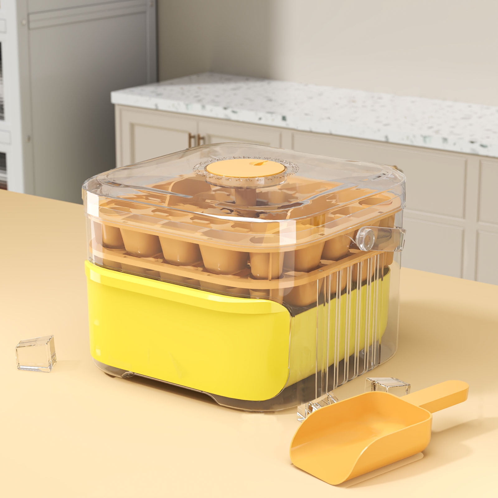 Compact Double Layer Ice Cube Tray with Lid and Bin, One-Click ...