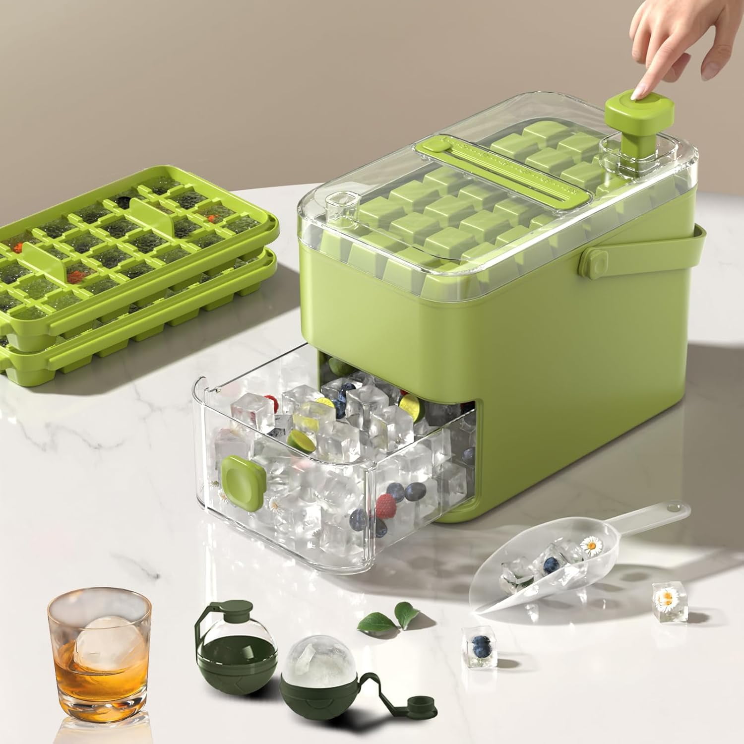 Compact Double Layer Ice Cube Tray with Lid and Bin, One-Click ...