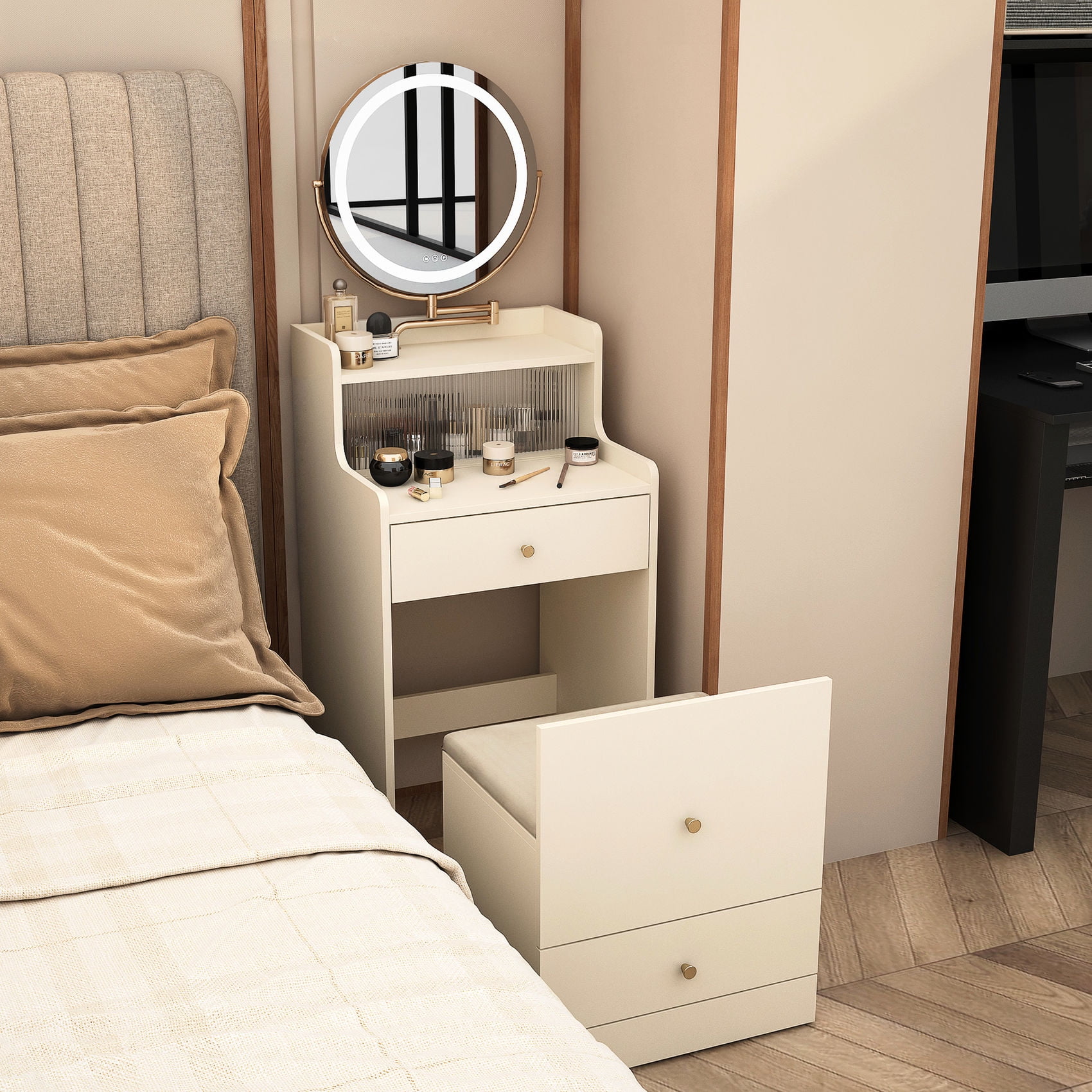 Compact Dressing Table with Charging Function and Stool / Ideal for ...