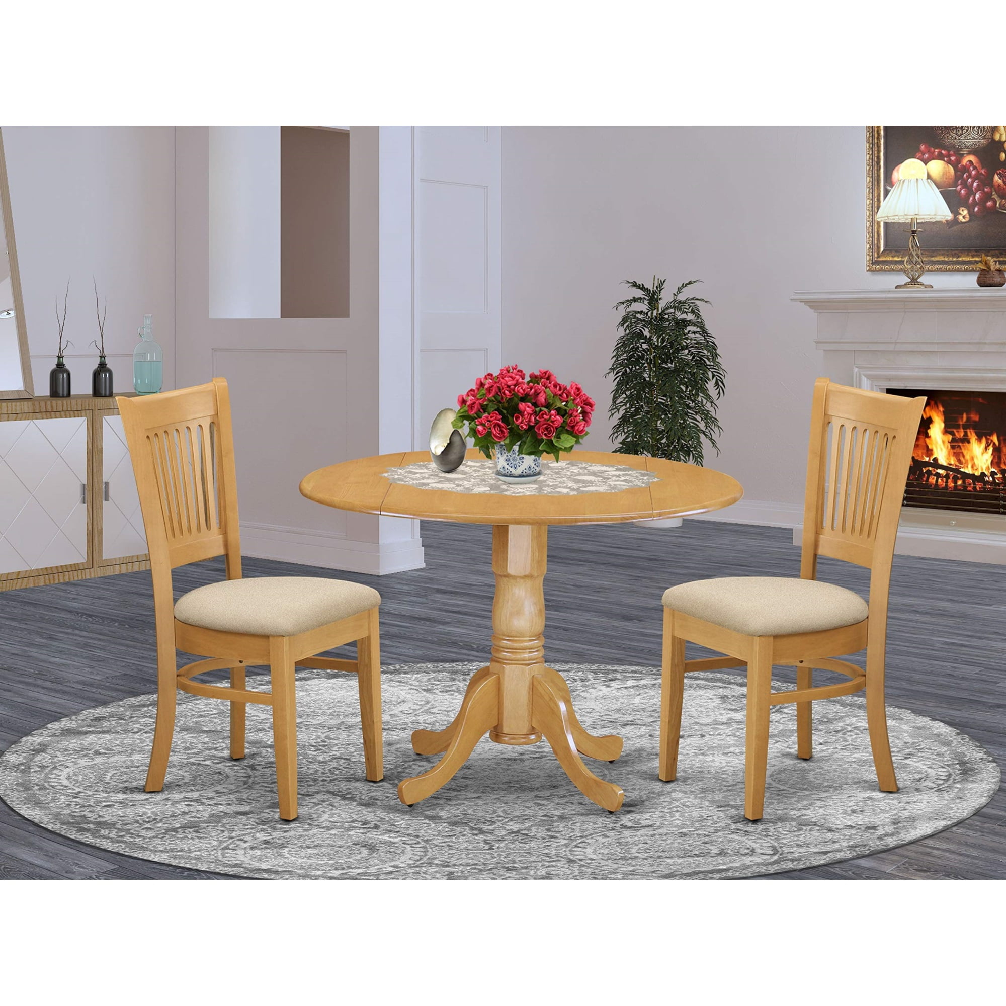 Compact Drop Leaf Small Table Set - Asian Solid Wood, Glossy Oak Color ...