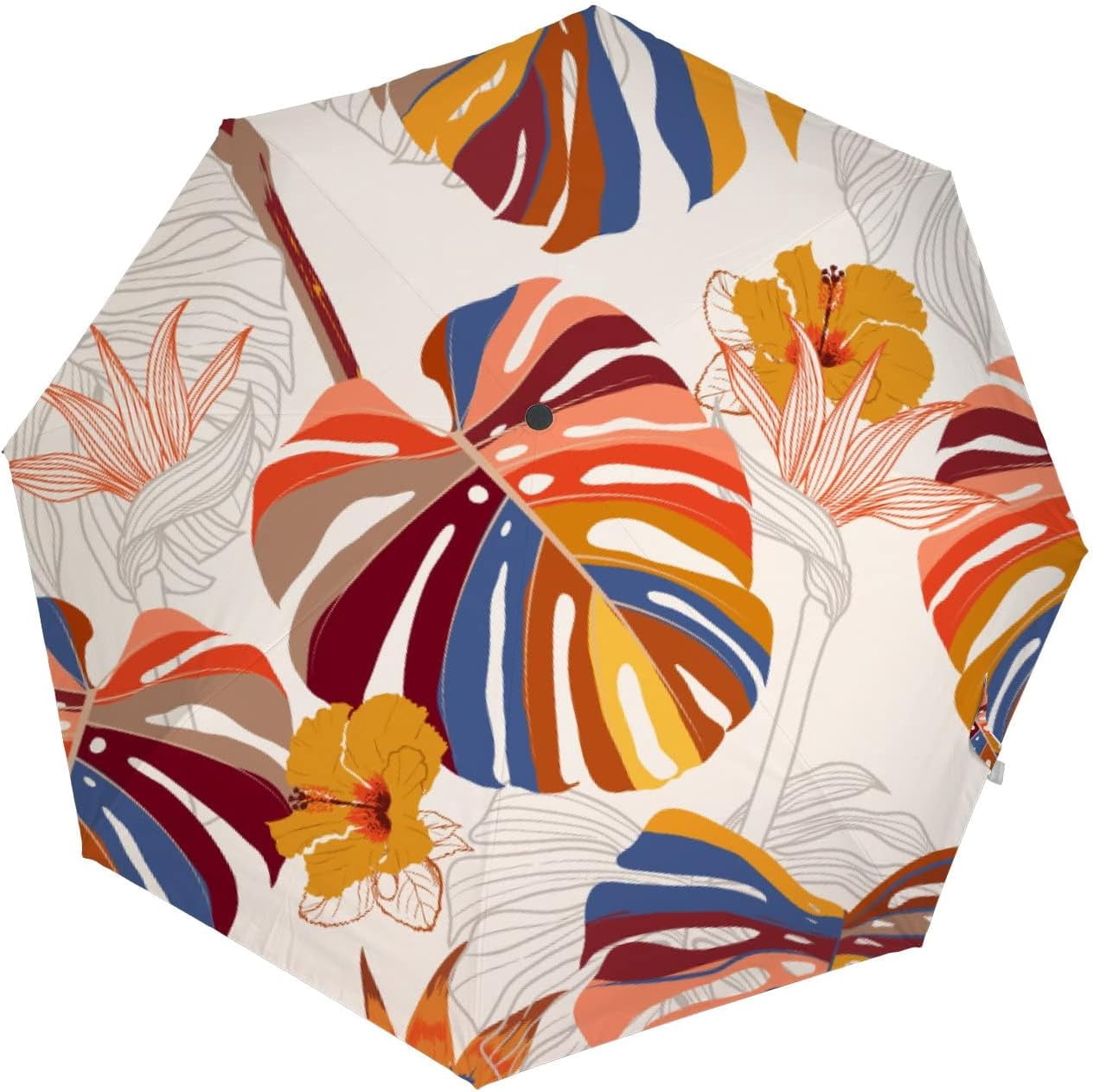 Compact Folding Umbrella Leaves Floral Flowers Palm Tree Orange Summer ...