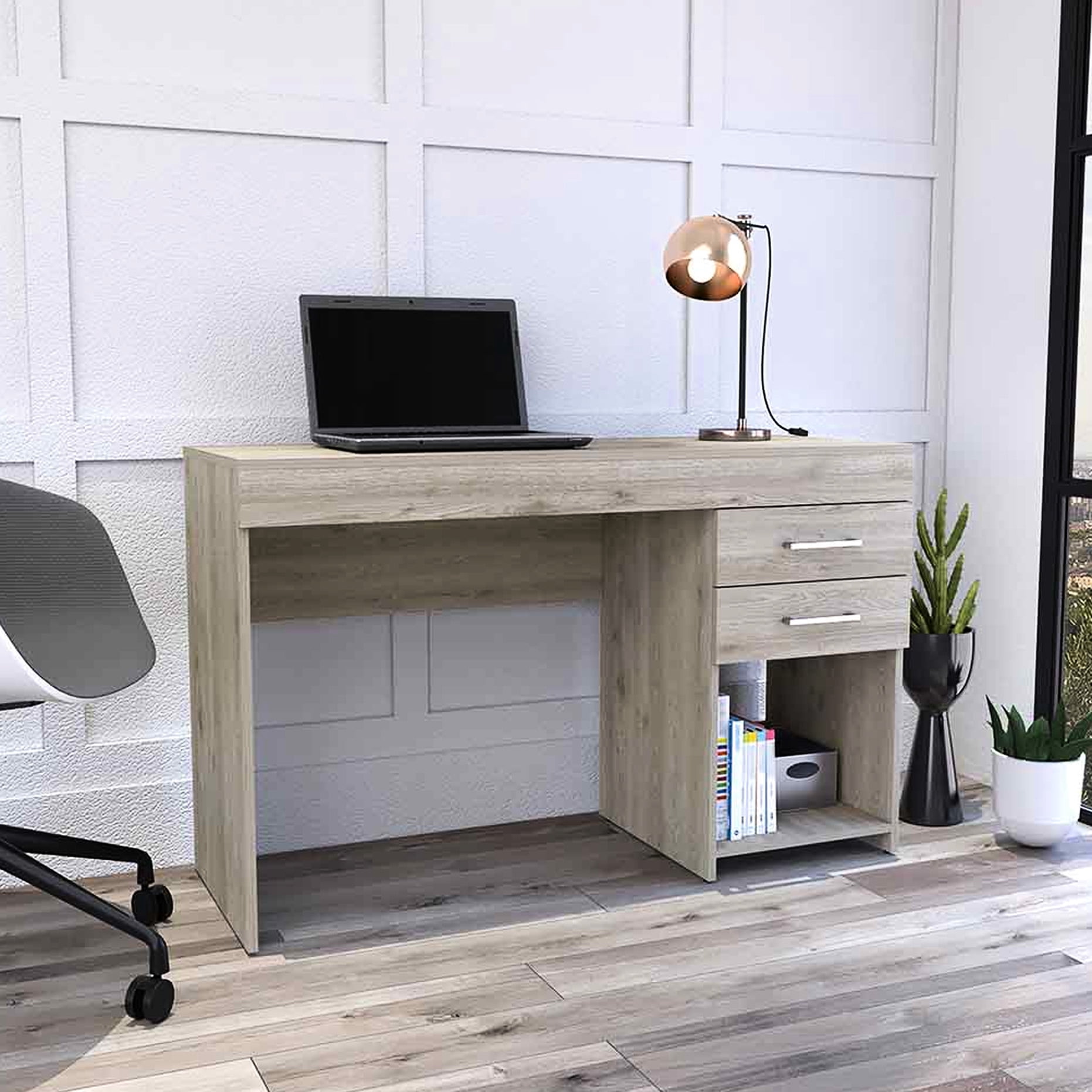 Compact Gray Table With Two Drawers & One Shelf, Roomy Surface For ...