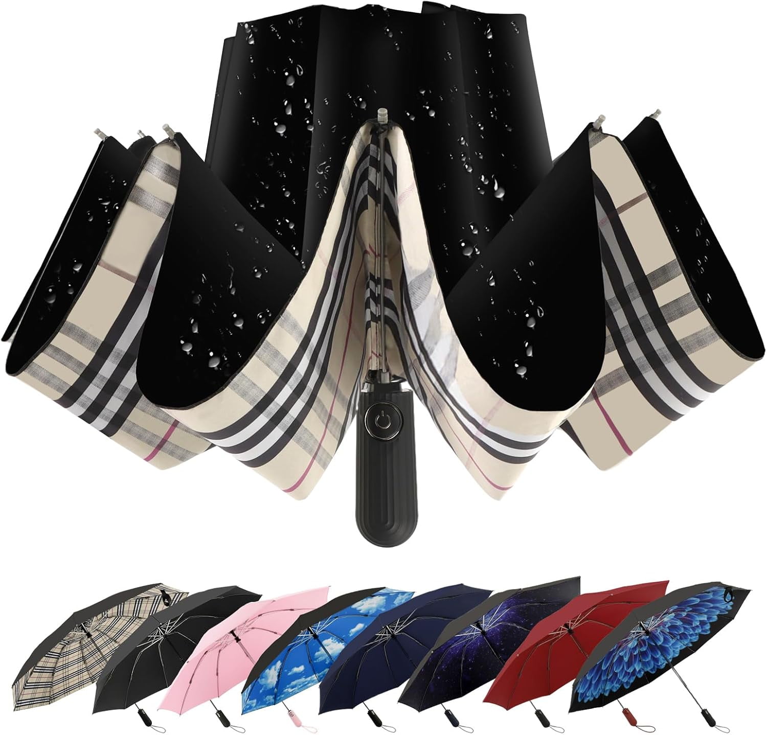 Compact Inverted Travel Umbrella, Automatic Open Close, 9-Rib 46 Inch ...