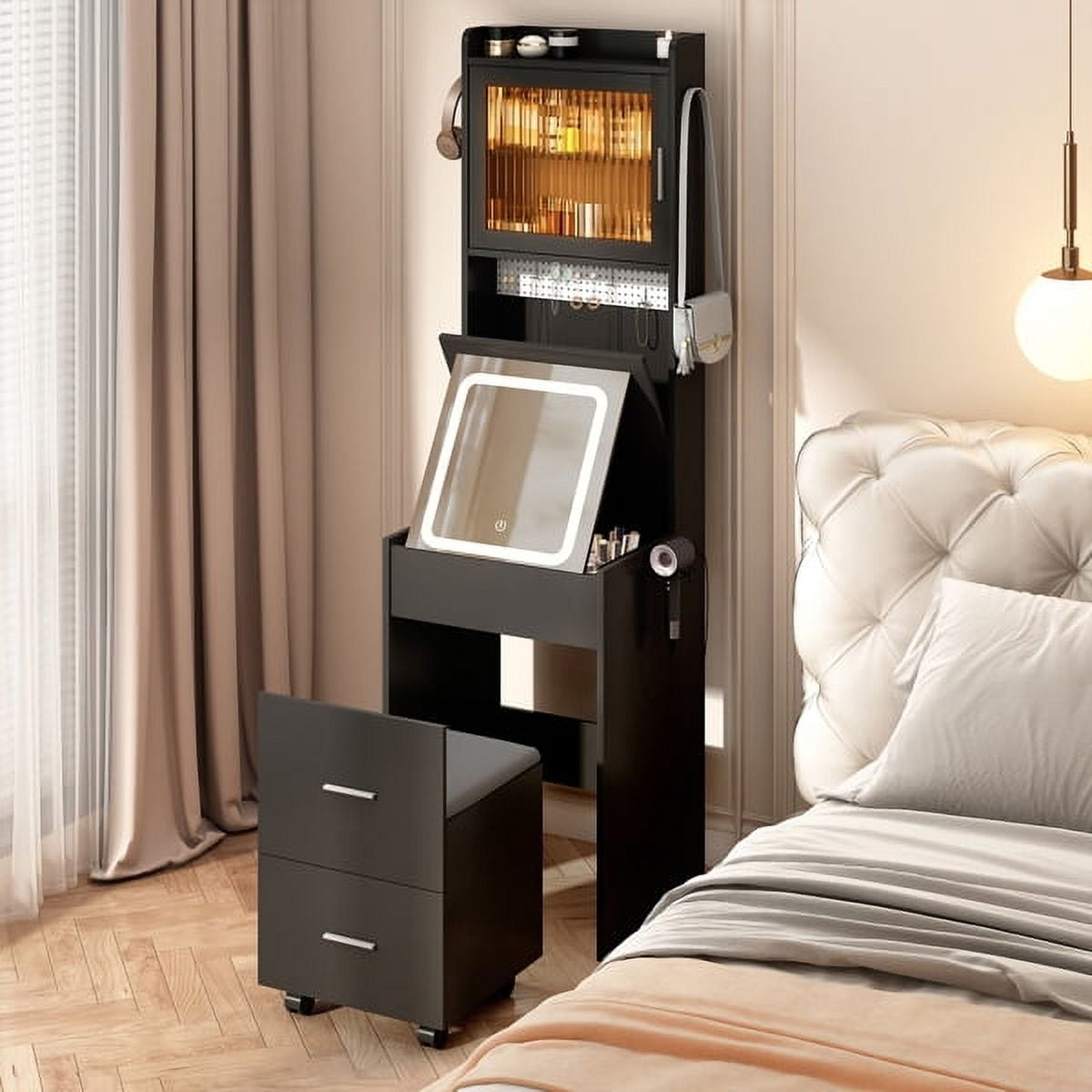 Compact LED Vanity Desk with Mirror, Charging Station, and Hidden ...