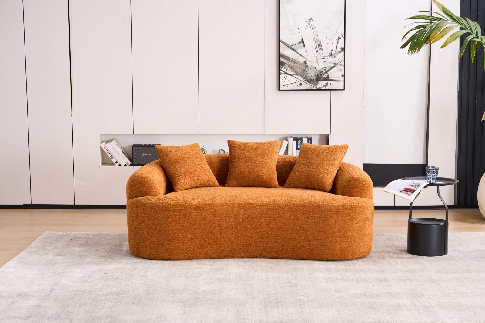 Compact Loveseat Sofa with Wood Grain Chenille & Terracotta Orange High ...