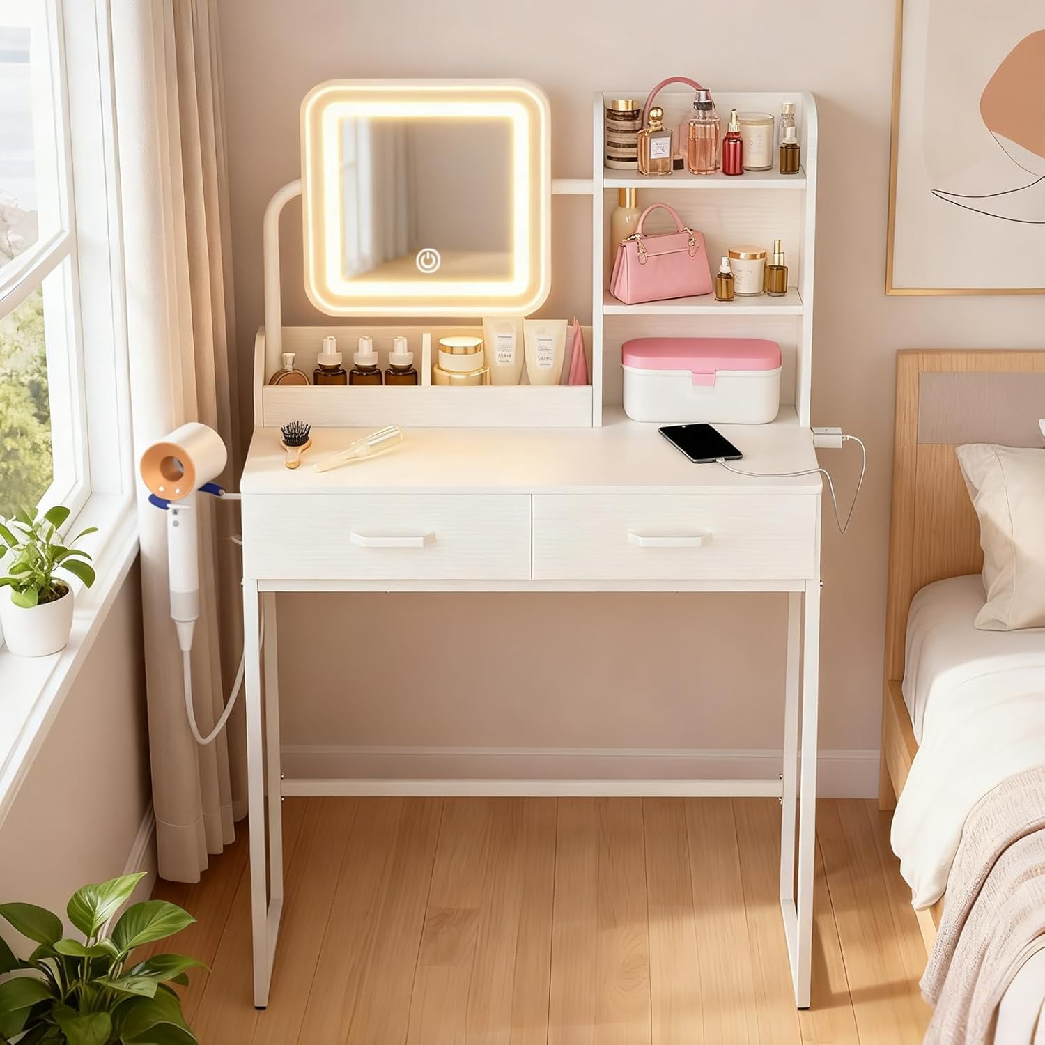 Compact Makeup Vanity for Girls with Mirror and Lights, White Vanities Desk with 2 Drawers and ...