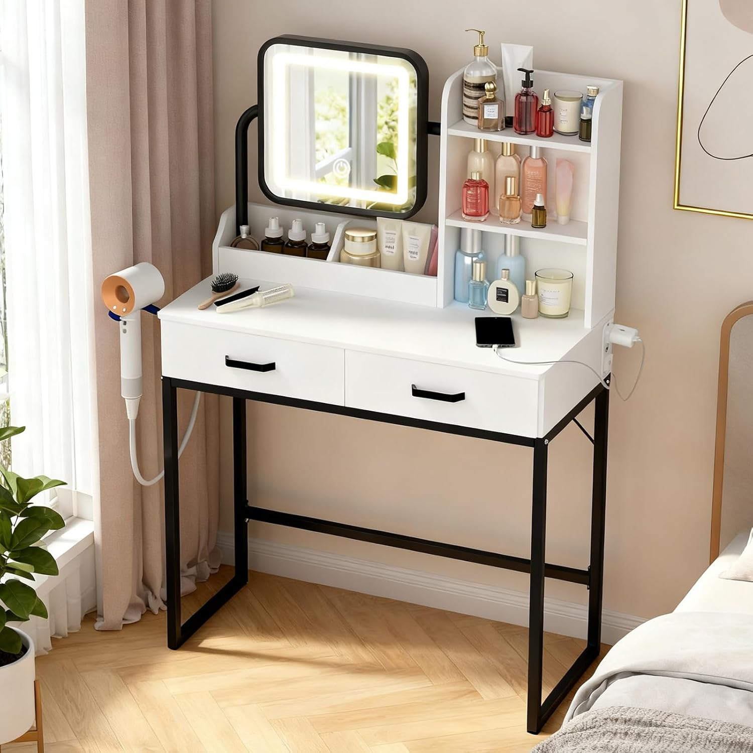 Compact Makeup Vanity for Girls with Mirror and Lights, Black Vanities ...