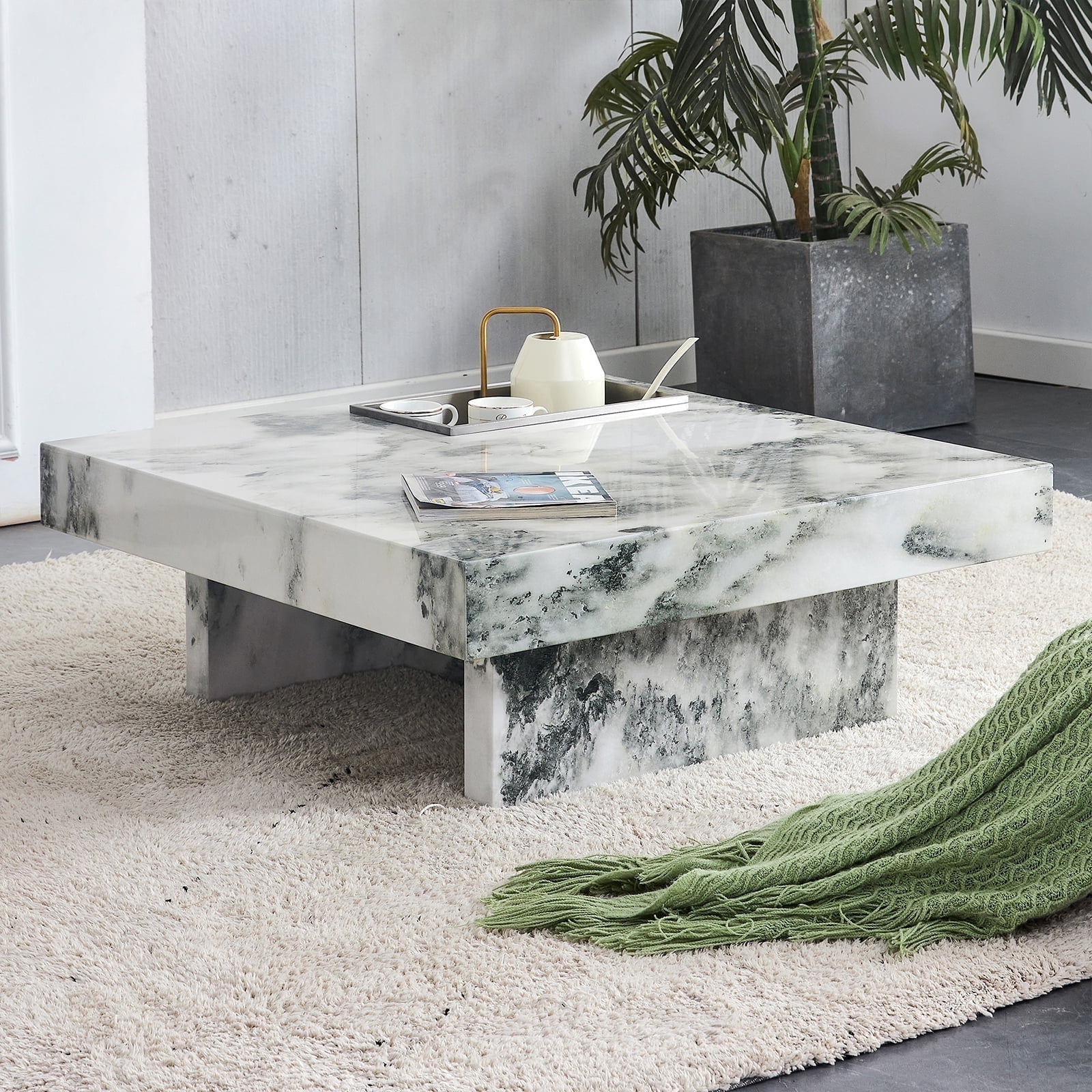 Sudica Modern White Faux Marble Coffee Table, Compact 31" Square with ...