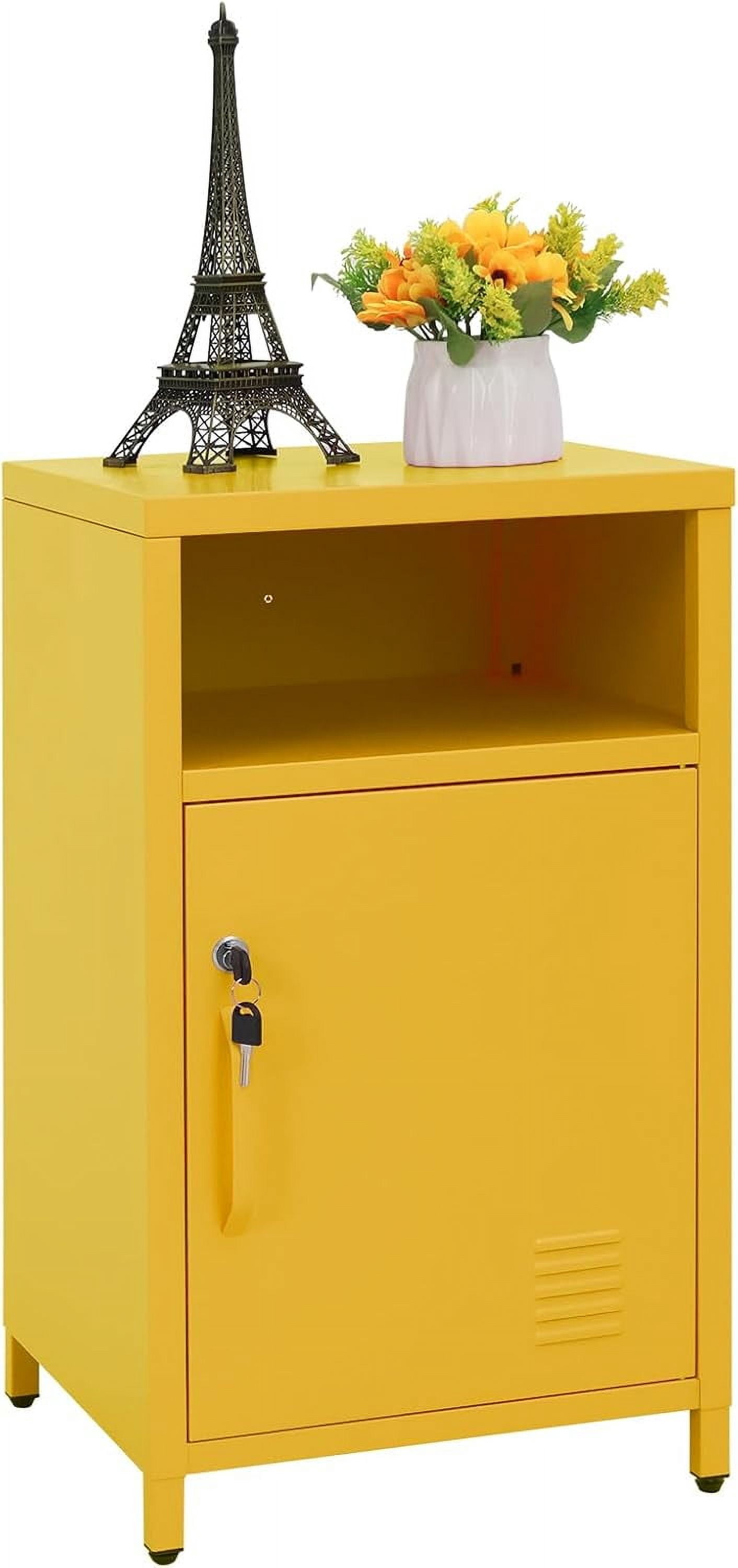 Compact Metal Nightstand with Lockable Cabinet and Open Shelf, Modern ...