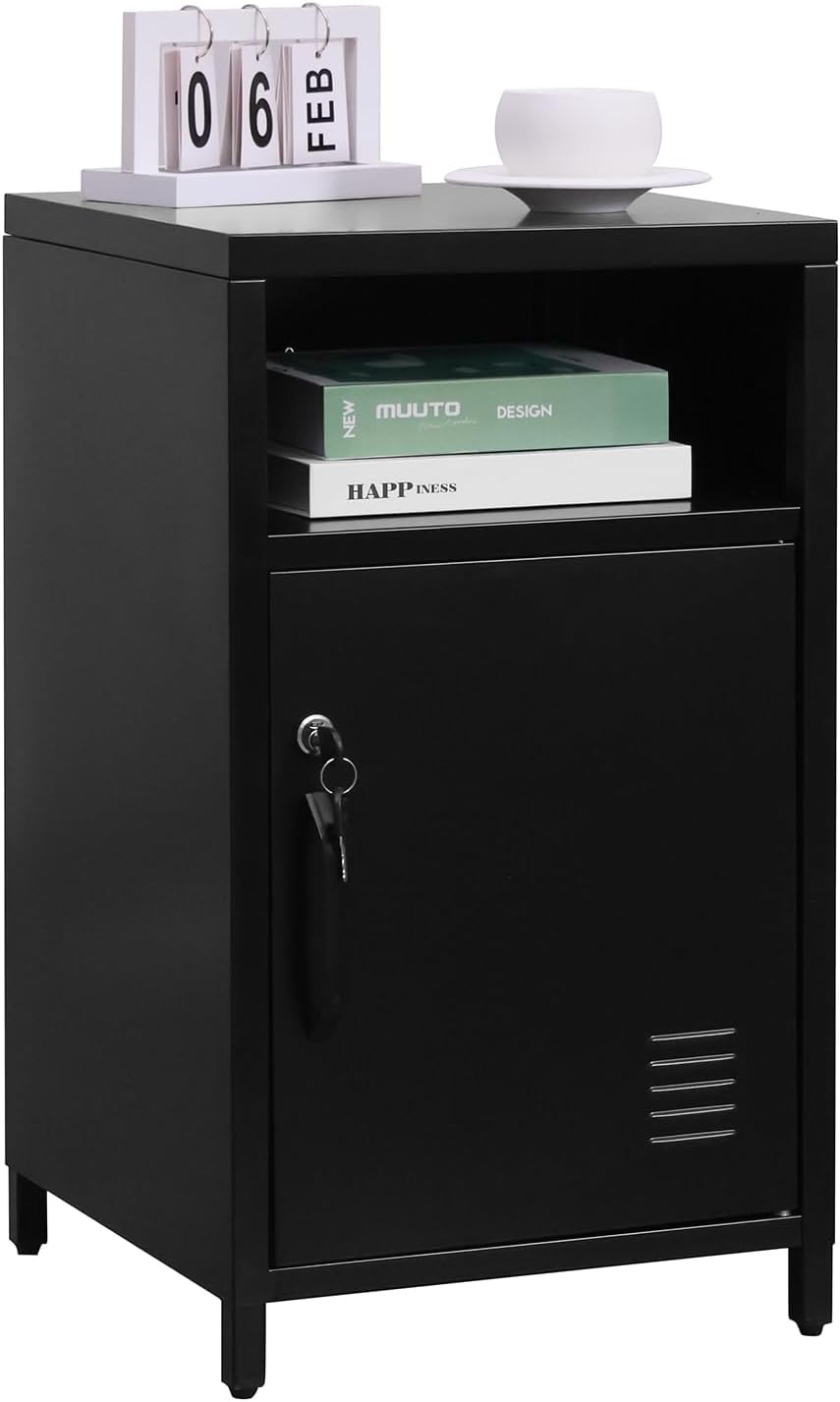 Compact Metal Nightstand with Lockable Cabinet and Open Shelf, Modern ...