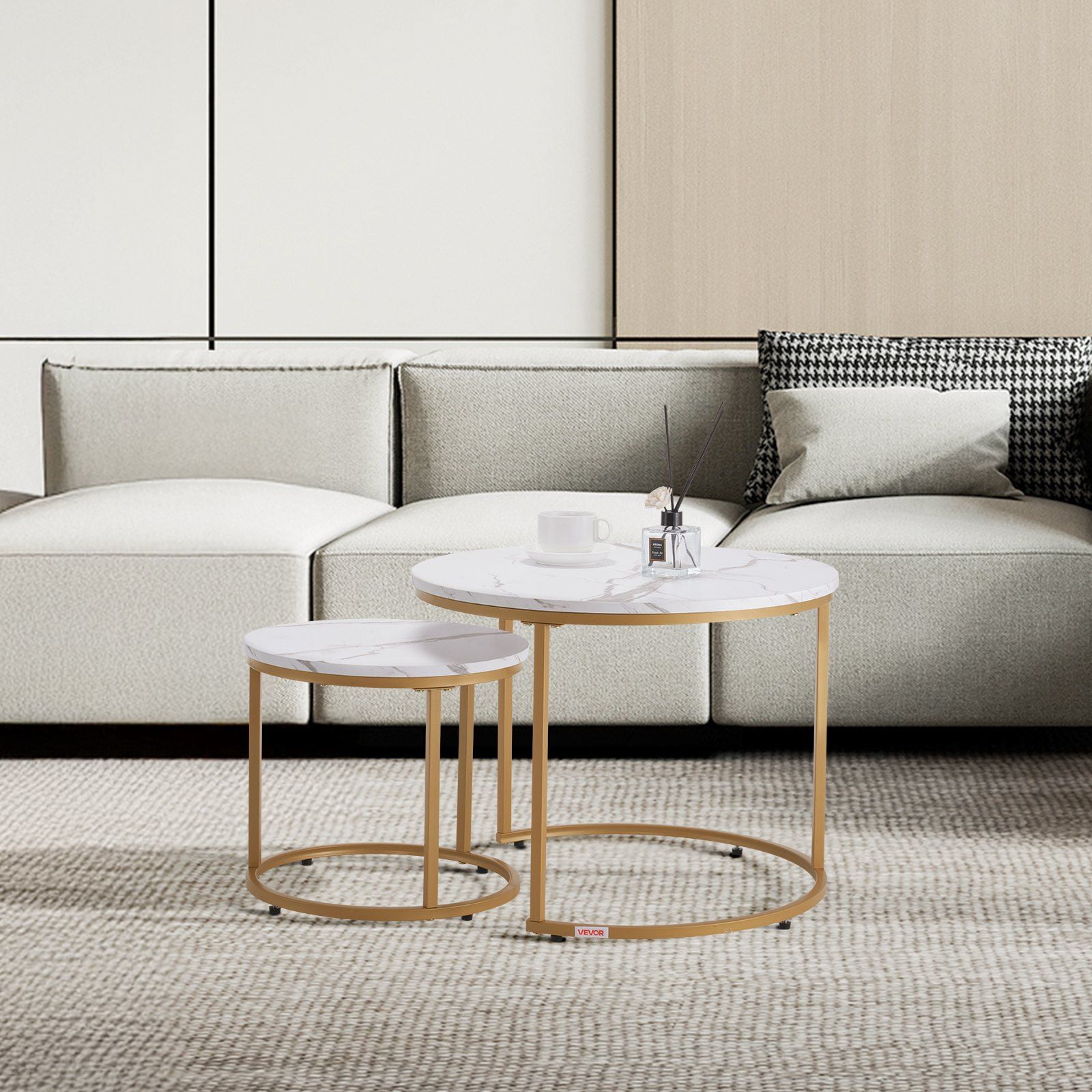 Compact Nesting Coffee Tables, Round 23.6" White & Gold End Tables ...