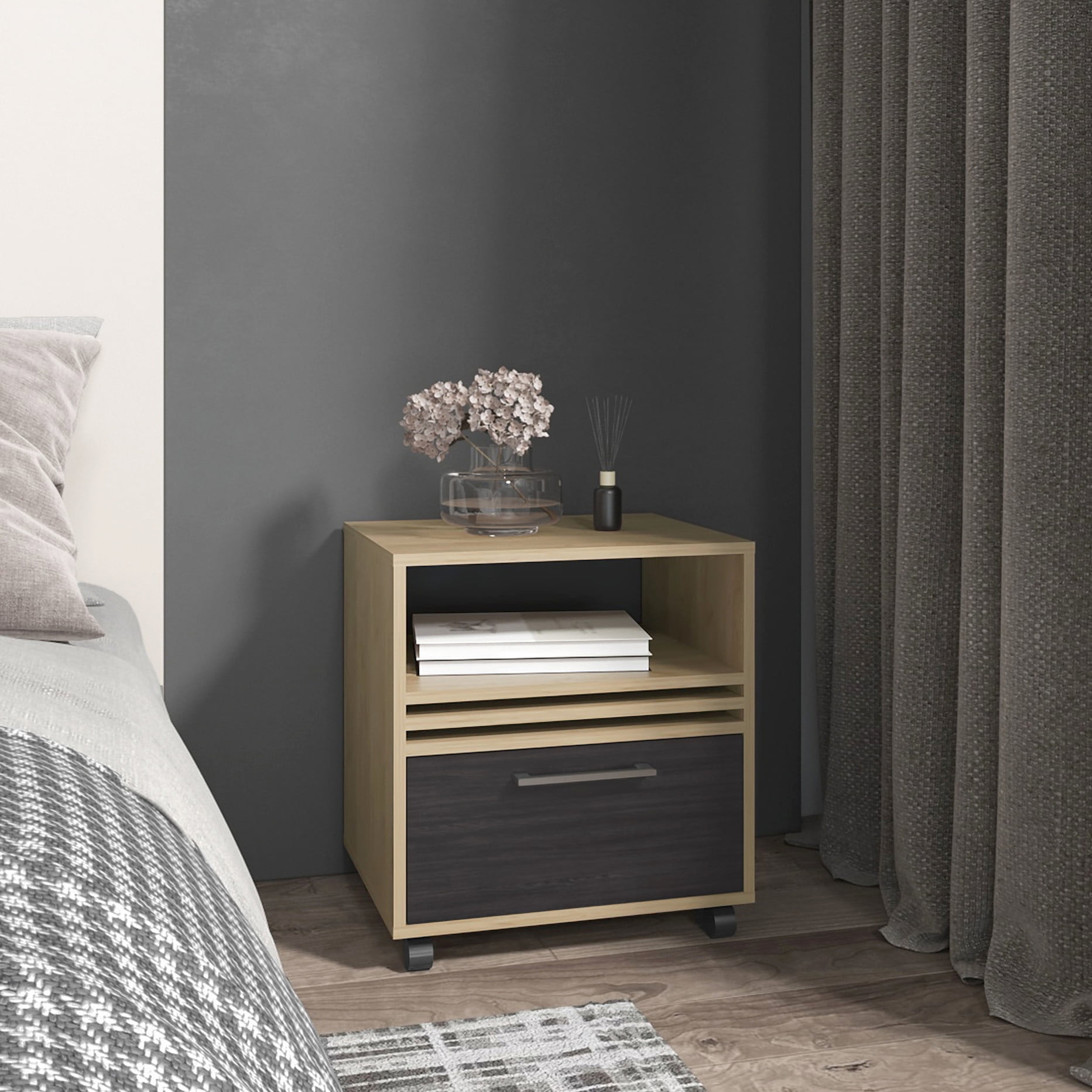 Compact Nightstand with Drawer, Shelf and Four Casters | Bedroom Space ...