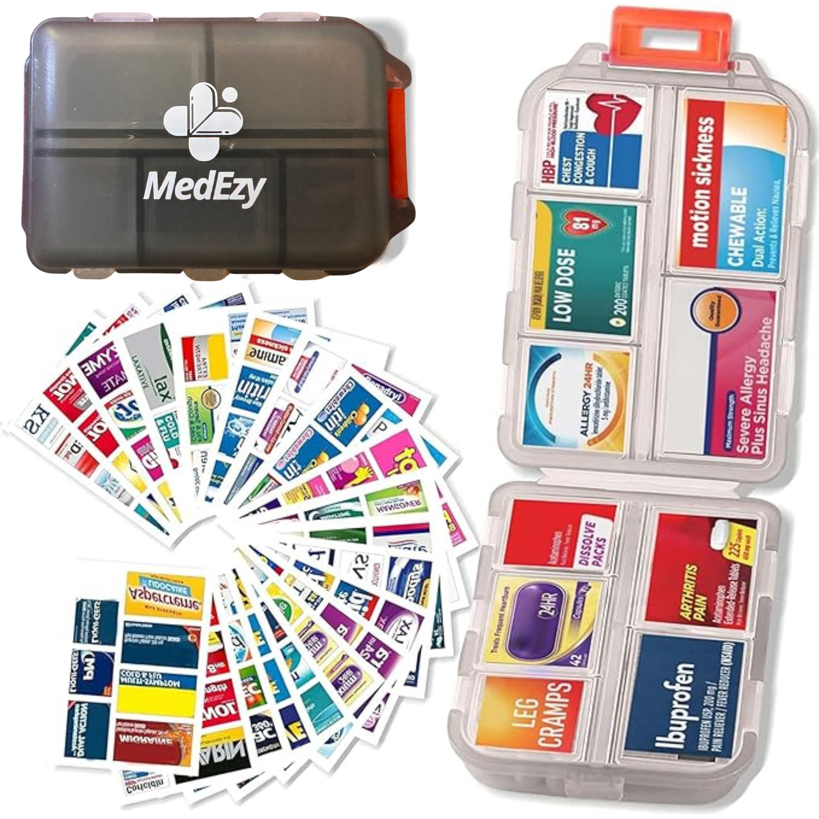 Compact Pharmacy Travel Pill Organizer with 146 Labels: 10-Compartment ...