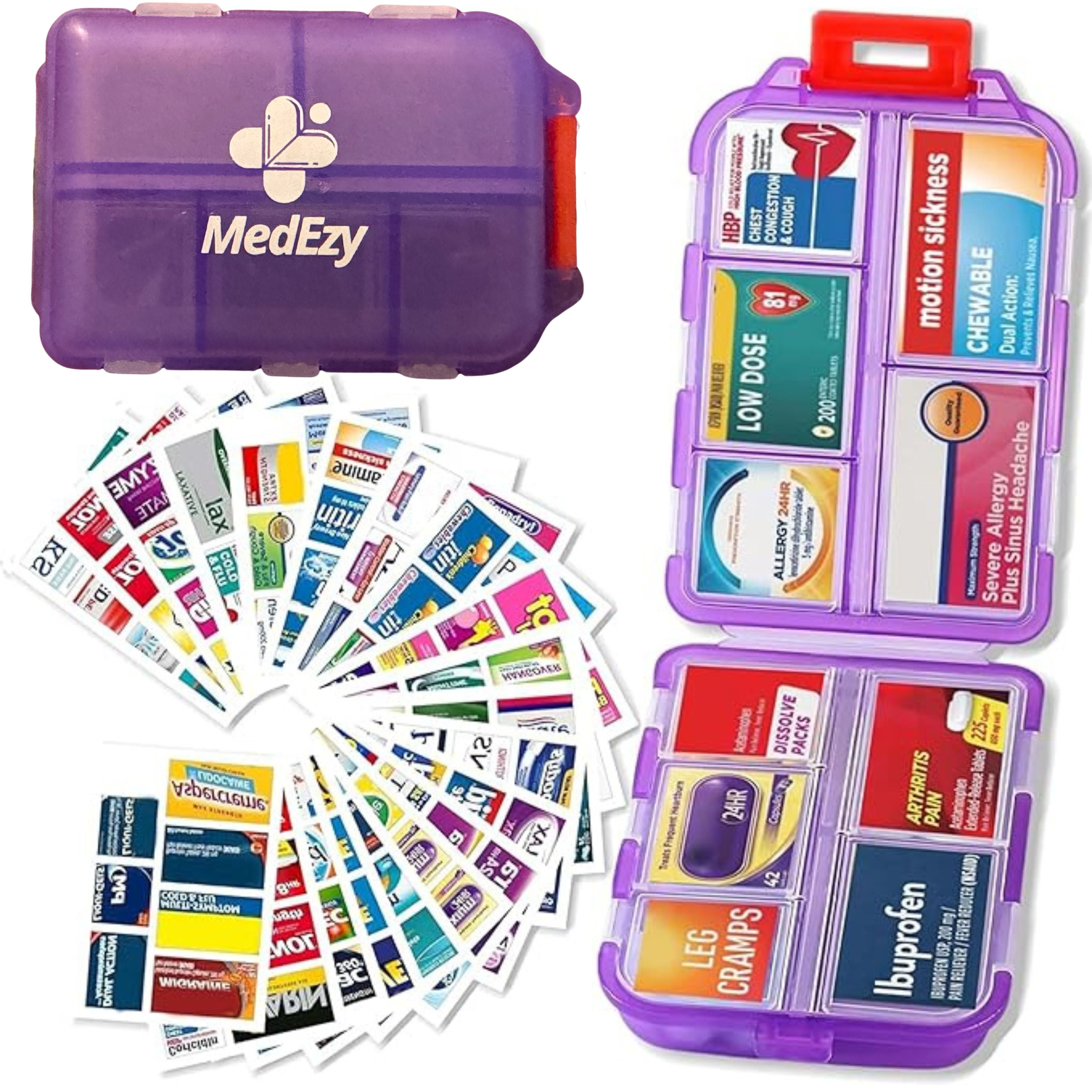 Compact Pharmacy Travel Pill Organizer with 146 Labels: 10-Compartment ...