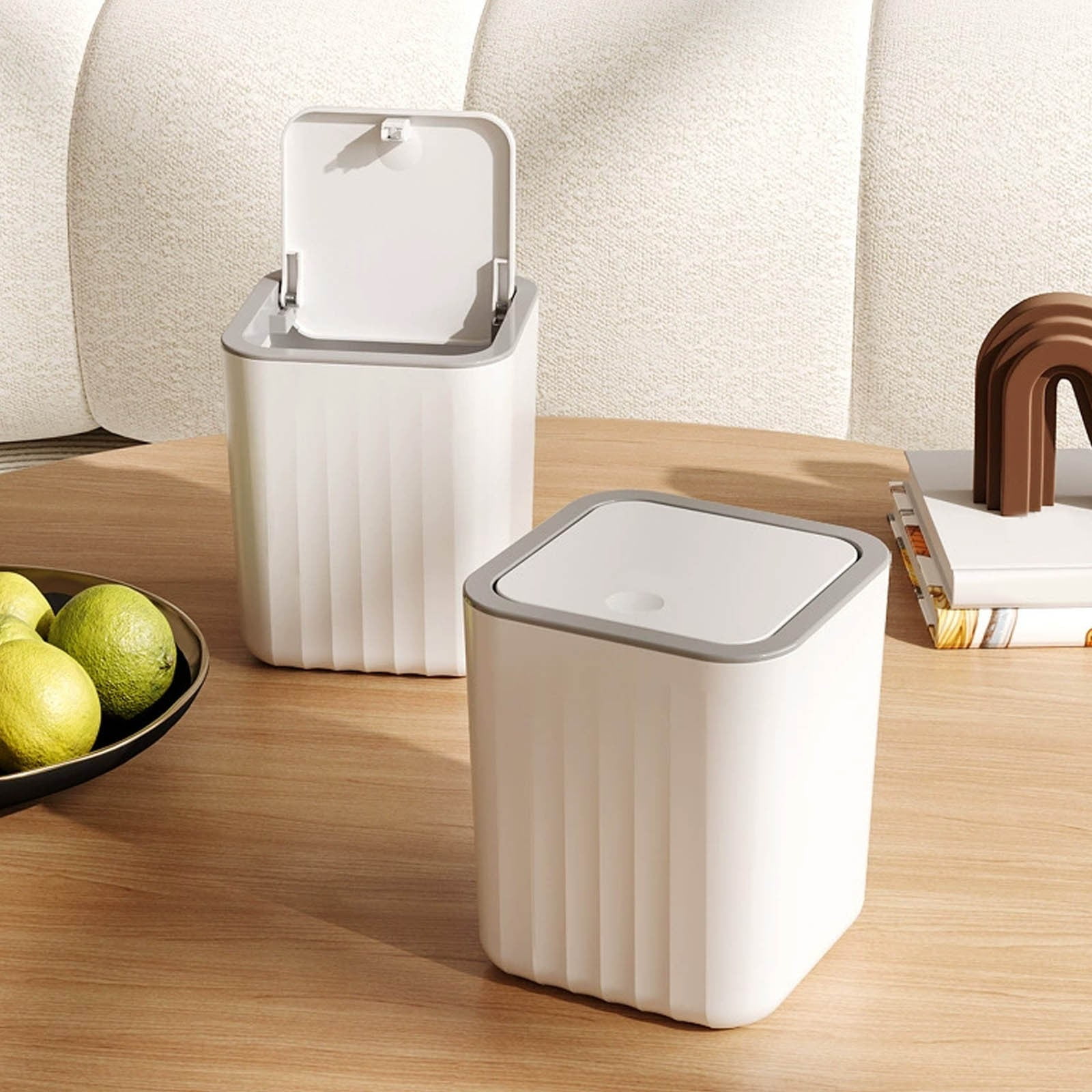 Compact Press-Type Desktop Trash Can 14x13x16.5cm White Plastic Small ...