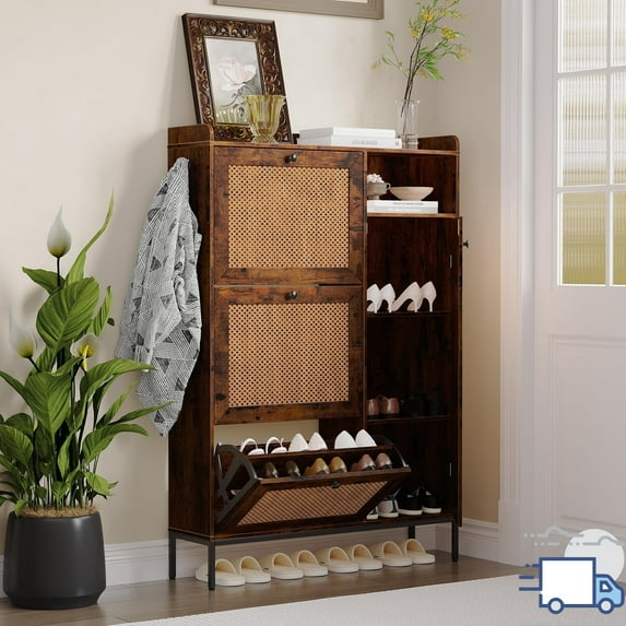 Compact Rattan Shoe Storage Organizer with Flip Drawers, Adjustable ...