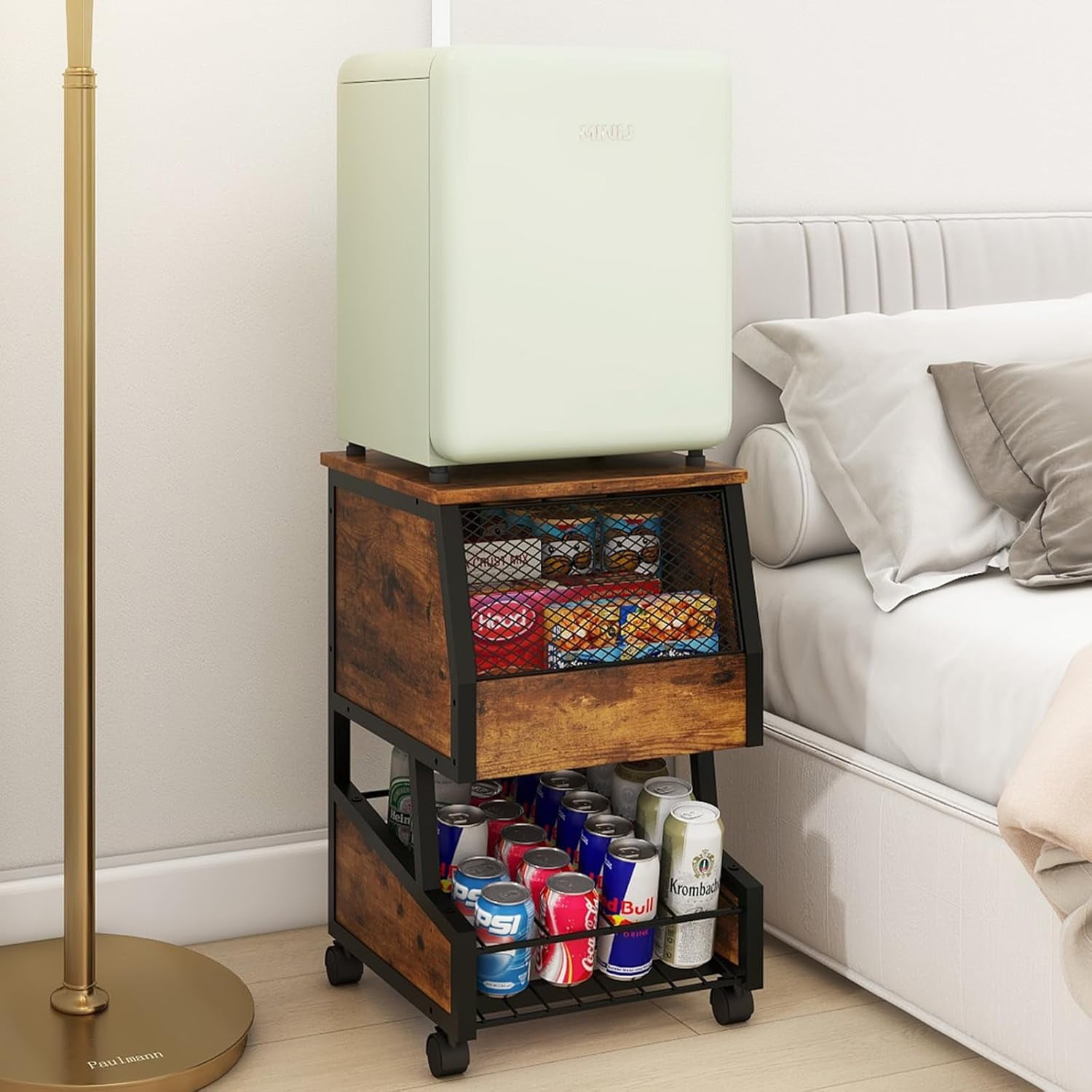 Compact Refrigerator Stand with Beverage Storage and Wheels Rolling ...