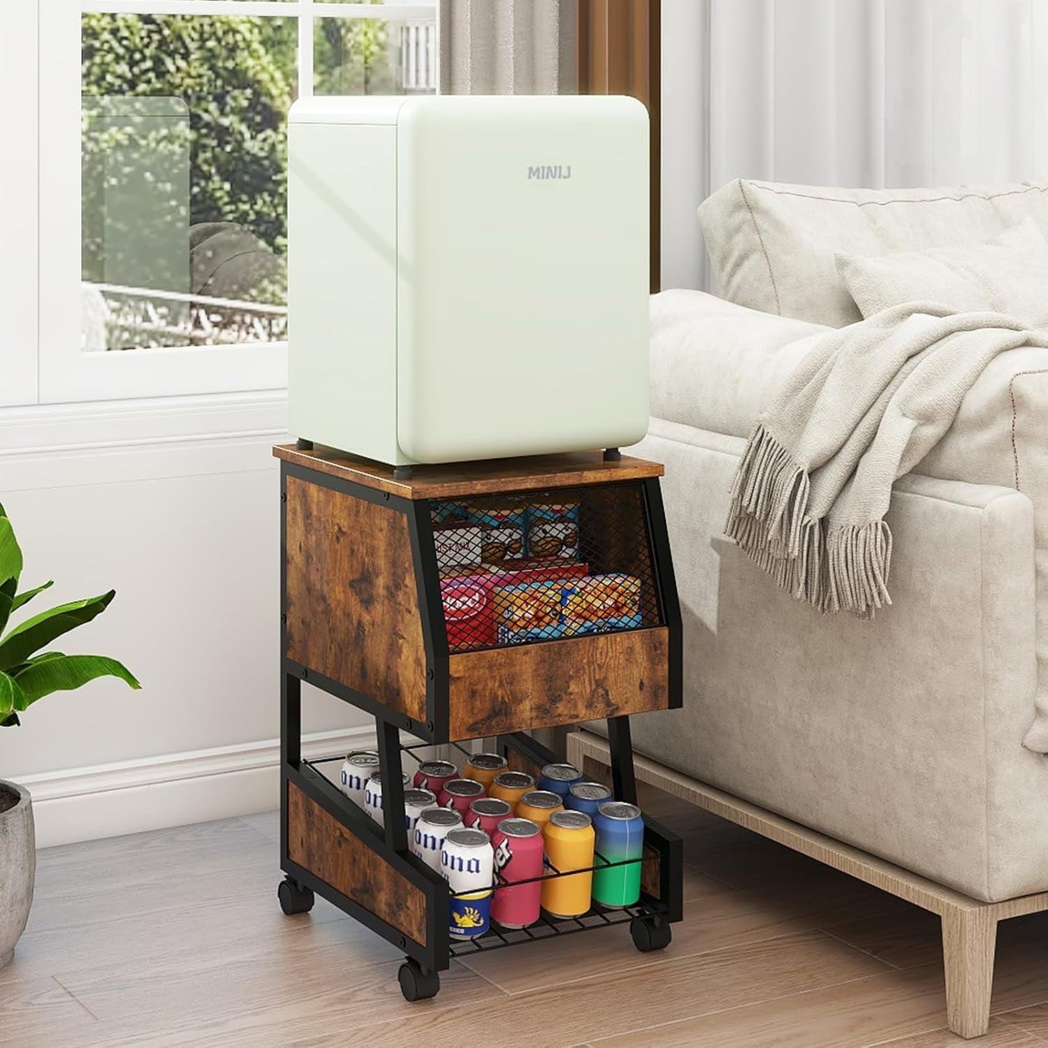 Compact Refrigerator Stand with Beverage Storage and Wheels Rolling ...