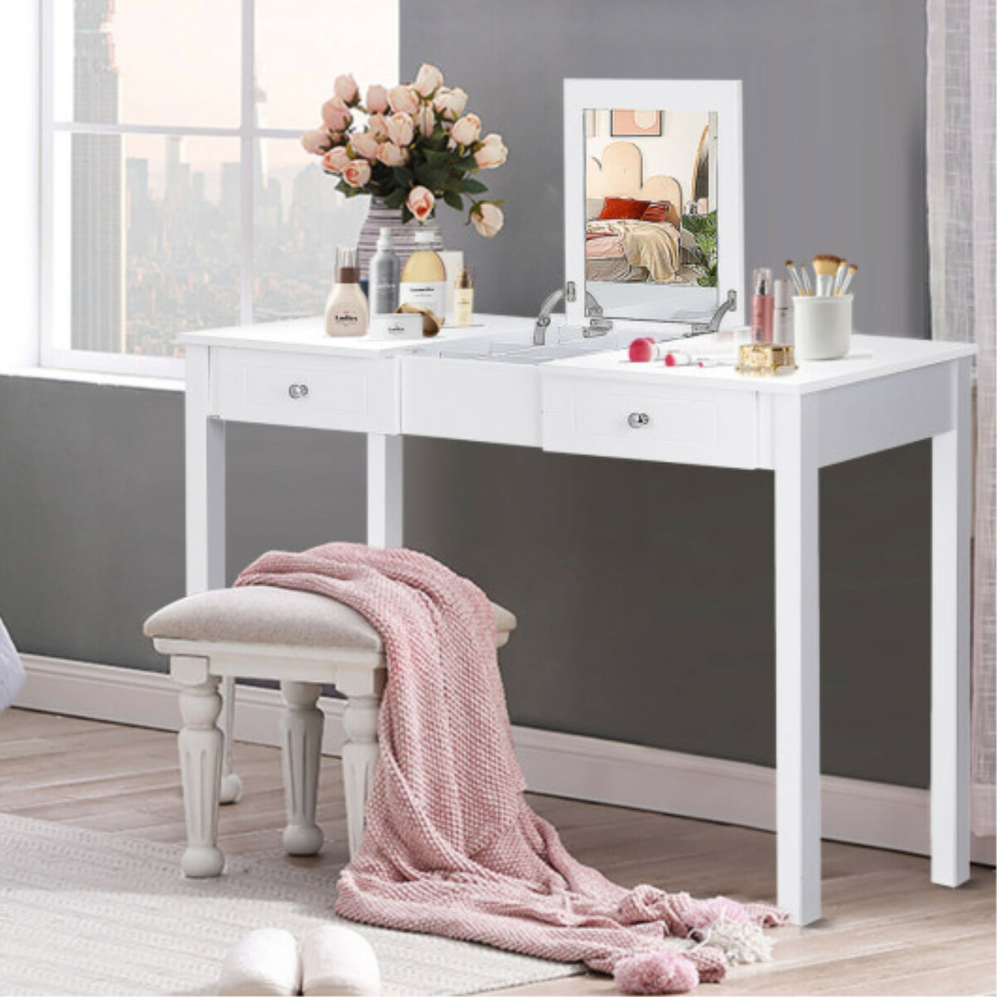 Compact Senior Flip-Top Mirror Makeup Desk with 9 Compartments and 2 ...