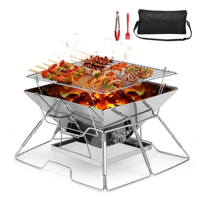 Portable Stainless Steel Charcoal BBQ Grill, Compact Folding Fire Pit ...