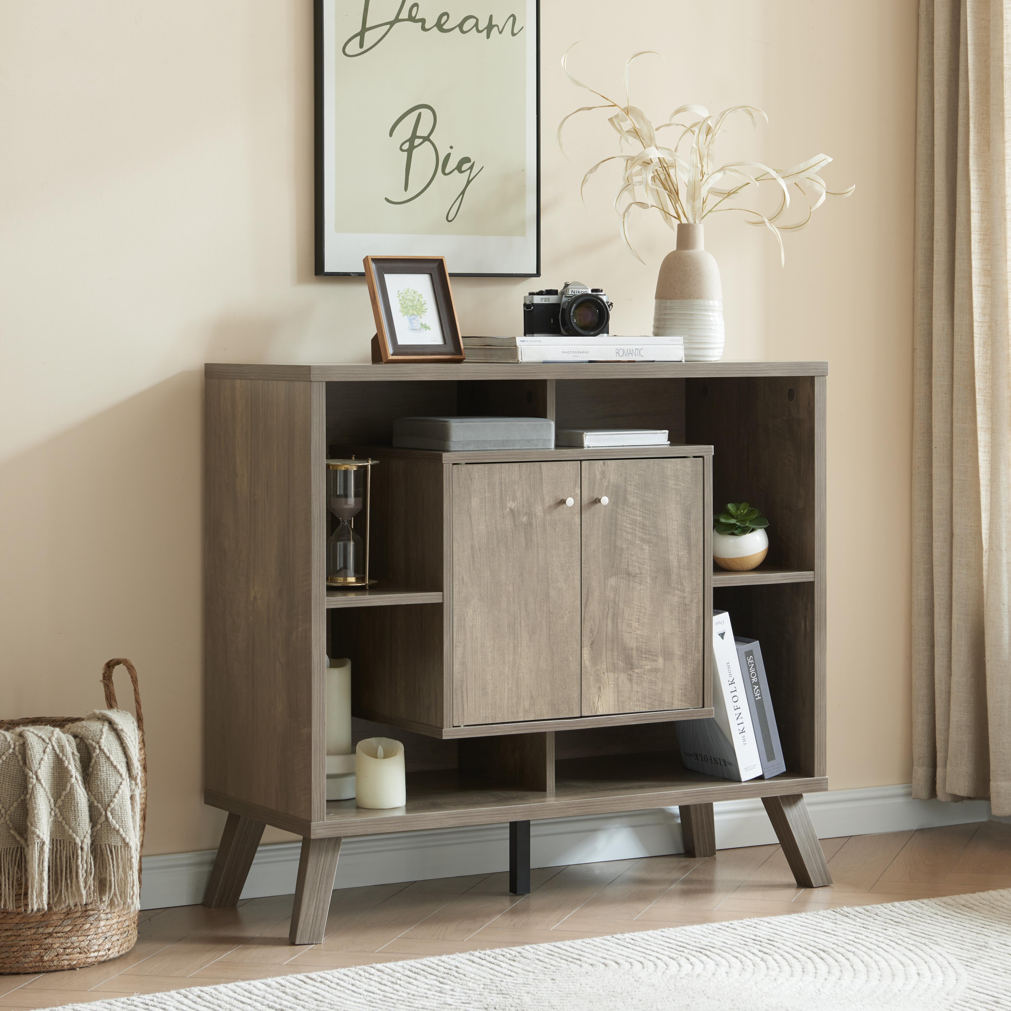 Compact Storage Cabinet with 2 Doors & 4 Open Shelves, Multi-Functional ...