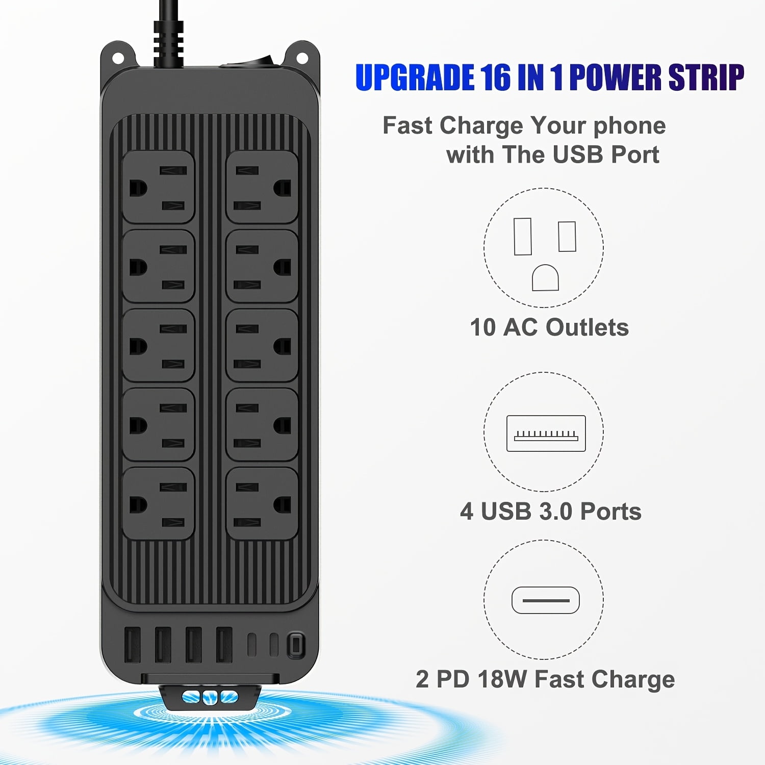 Compact Surge Protector Power Strip with 10 Outlets & 6 USB Ports (2 ...