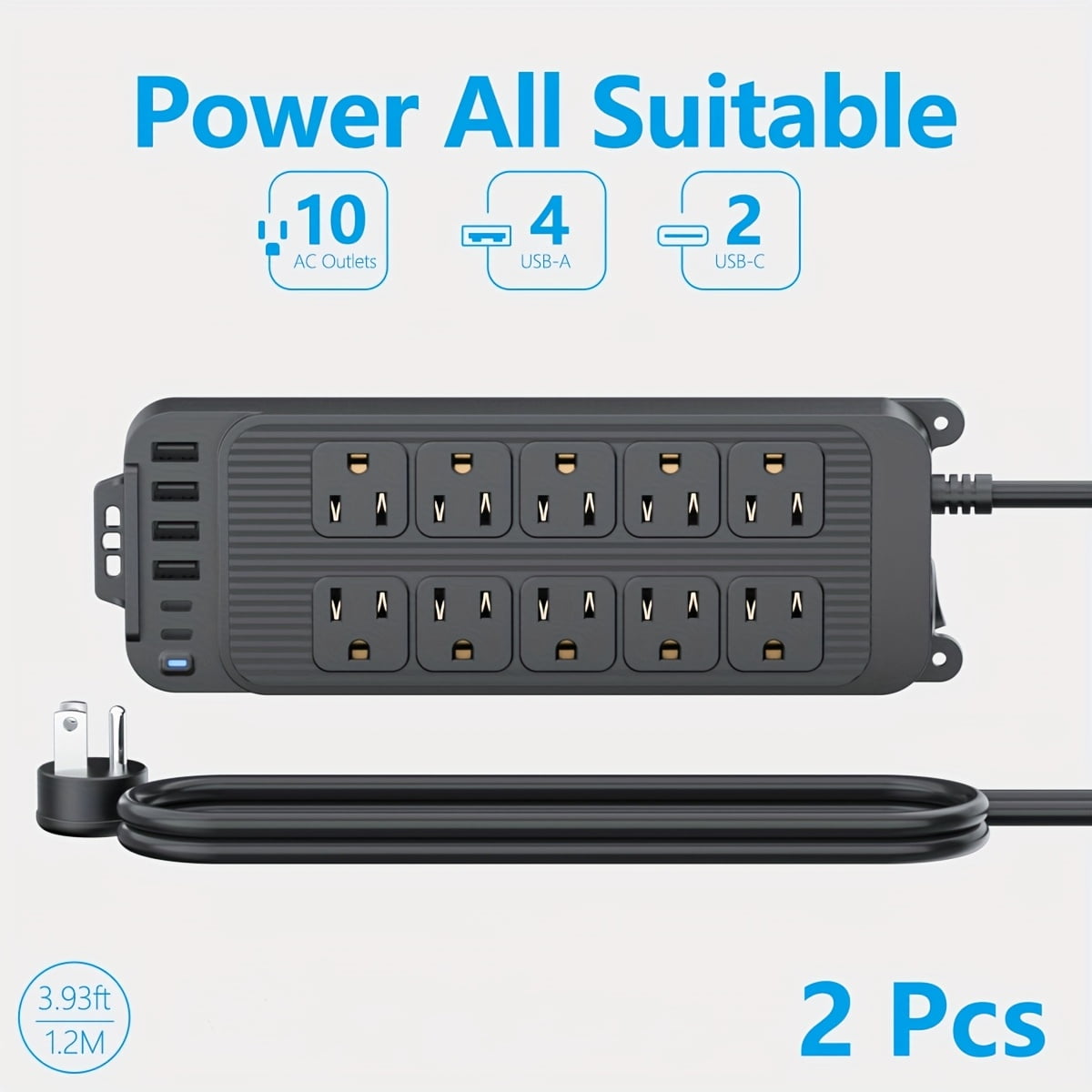 Compact Surge Protector Power Strip with 10 Outlets & 6 USB Ports (2 ...