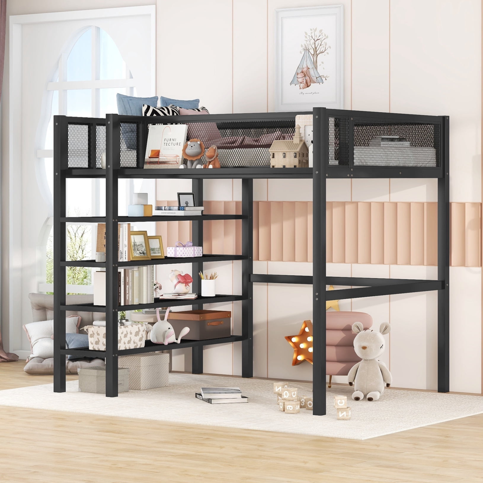 Compact Twin Size Loft Bed with 4-Tier Shelves and Storage Rack, Metal ...