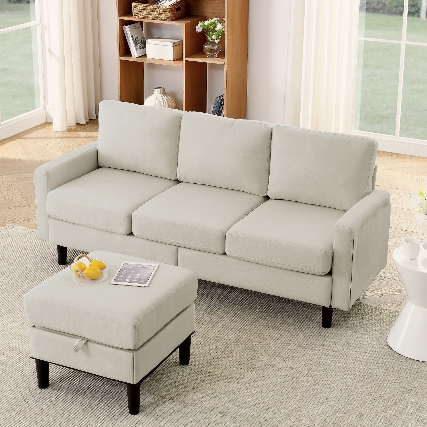 Compact Upholstered Beige Fabric L Shaped Sectional Sofa Couch with ...