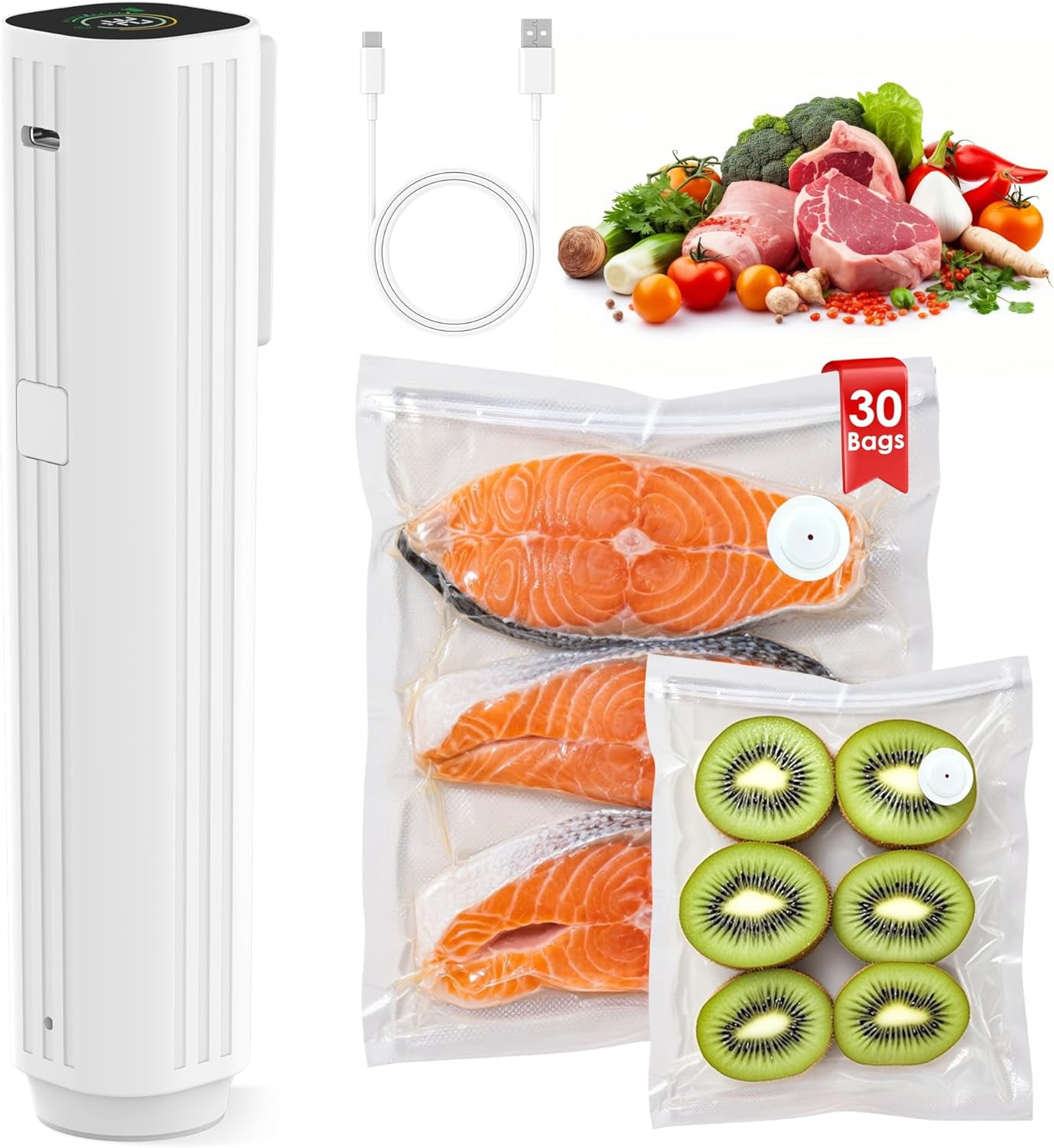 Compact Vacuum Sealer for Food (Contains 30 Reusable Seal Bags ...