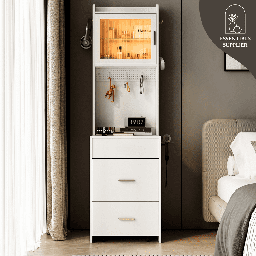 Compact Vanity Desk with Mirror, LED Lights, Charging Station & Stool ...