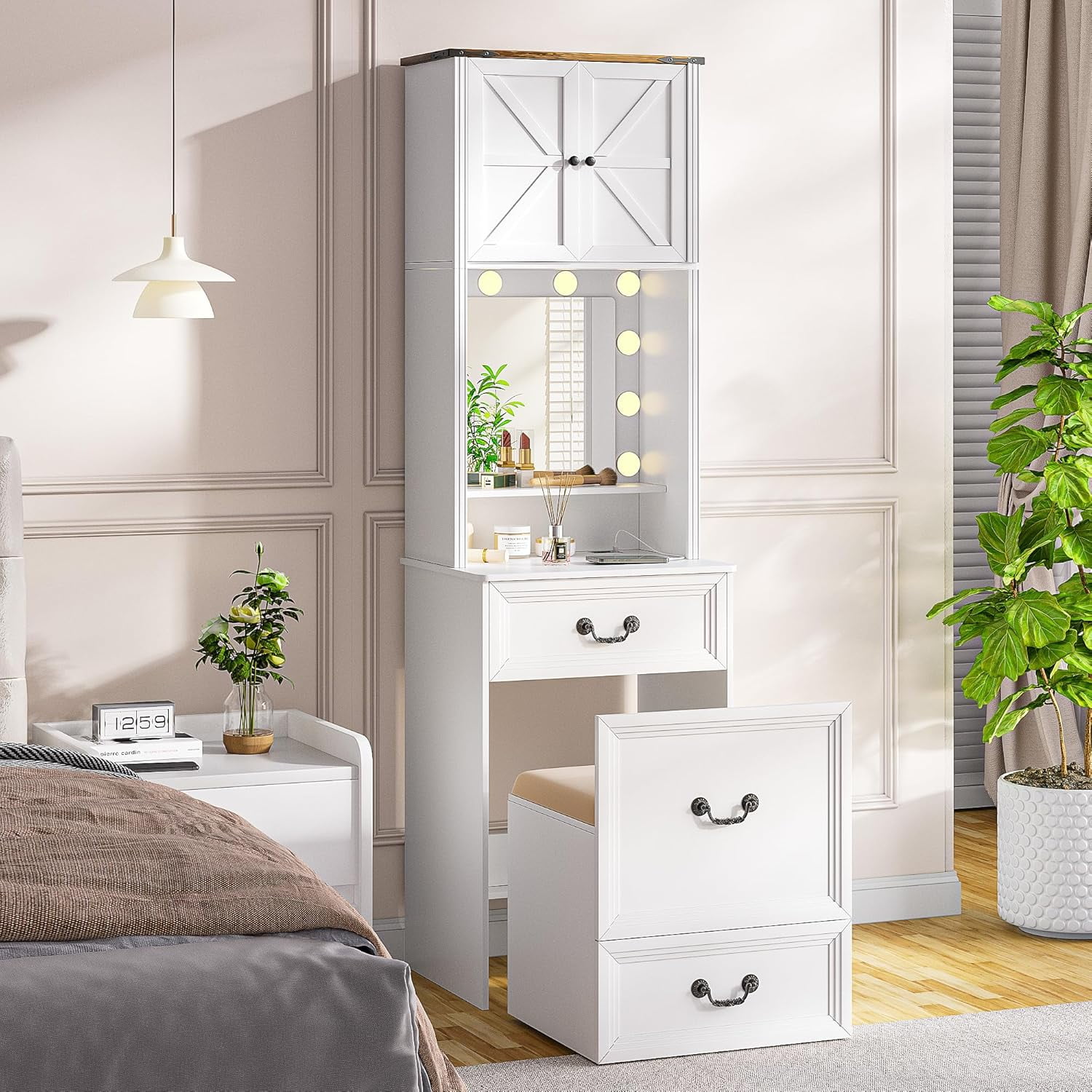 Compact Vanity with Mirror and Lights, Makeup Vanity Desk w/Storage ...