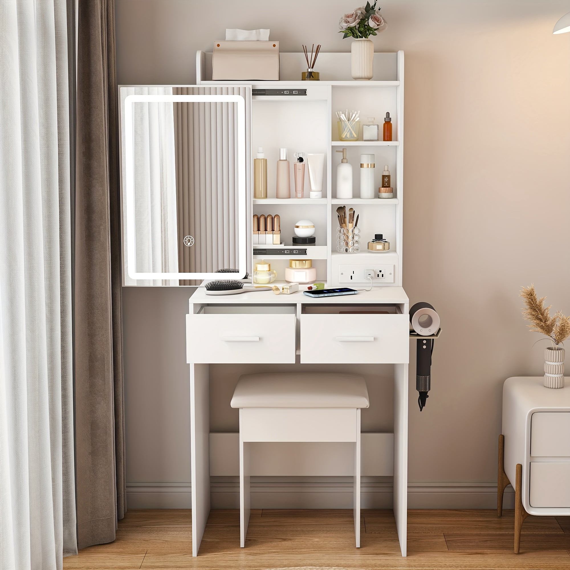 Compact White Makeup Table with Mirror and Adjustable LED Lighting ...