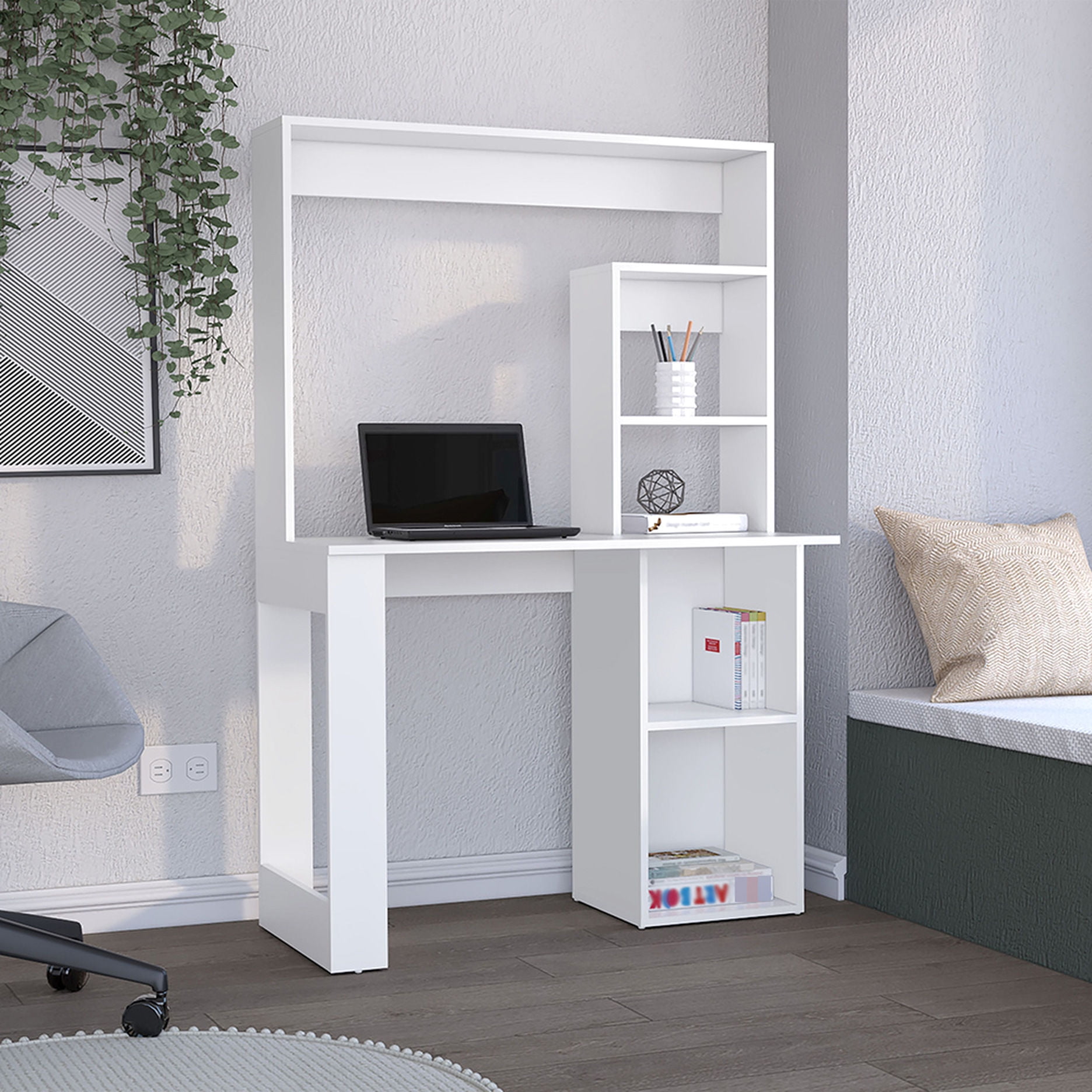 Compact White Particle Board Desk with Hutch and Five Shelves for Ample ...