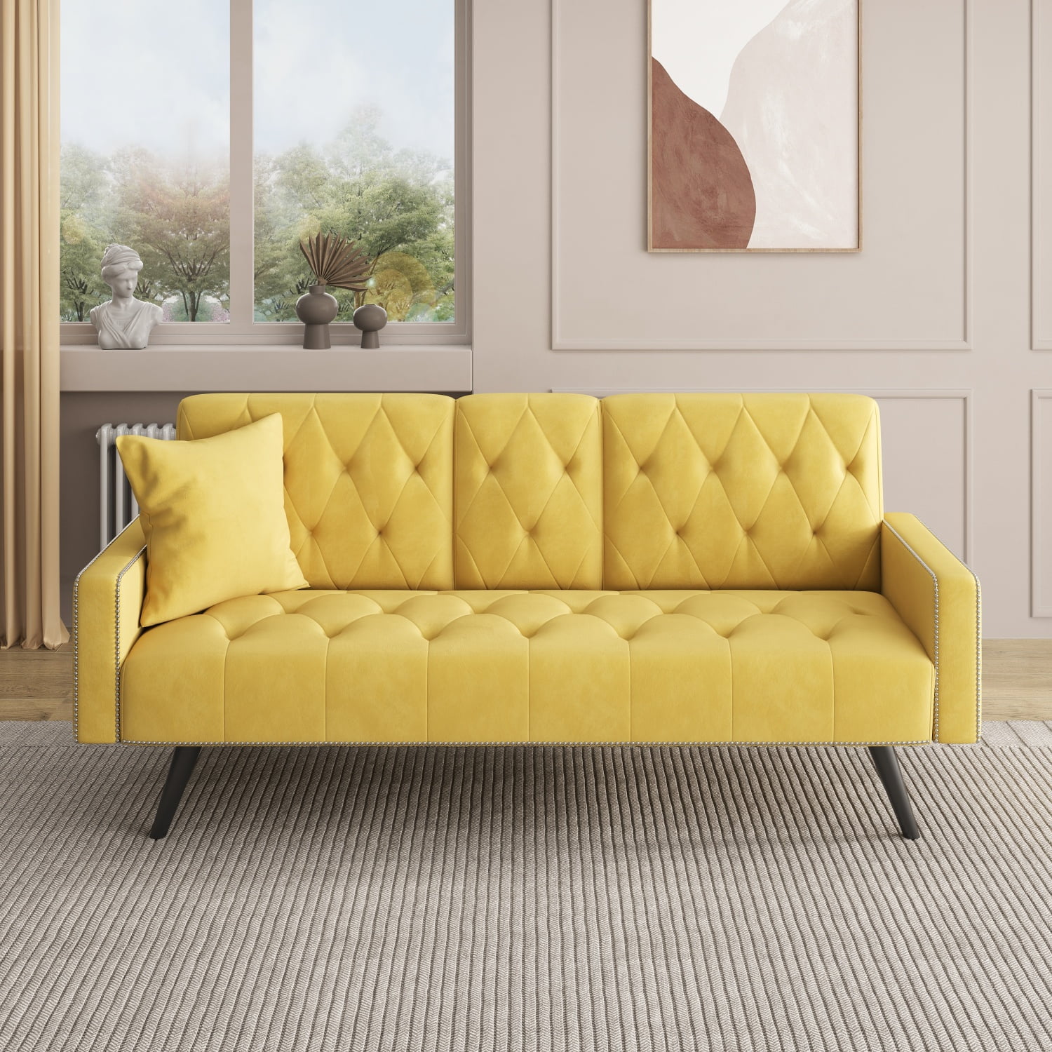 Compact Yellow Velvet Sofa Bed with Nailhead Trim Armrests & Dual Cup ...