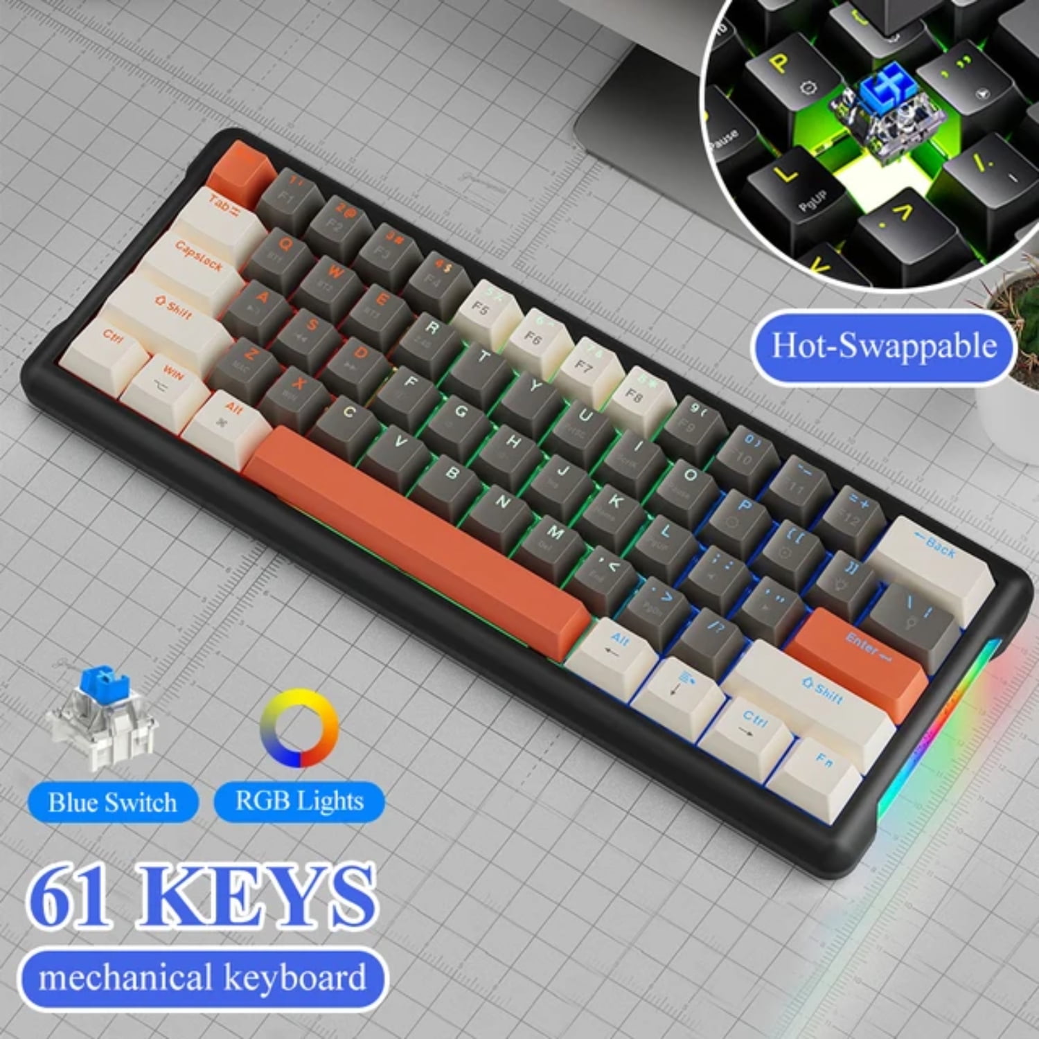 Compact and Ergonomic USB-C Wired Mechanical Gaming Keyboard with Blue ...