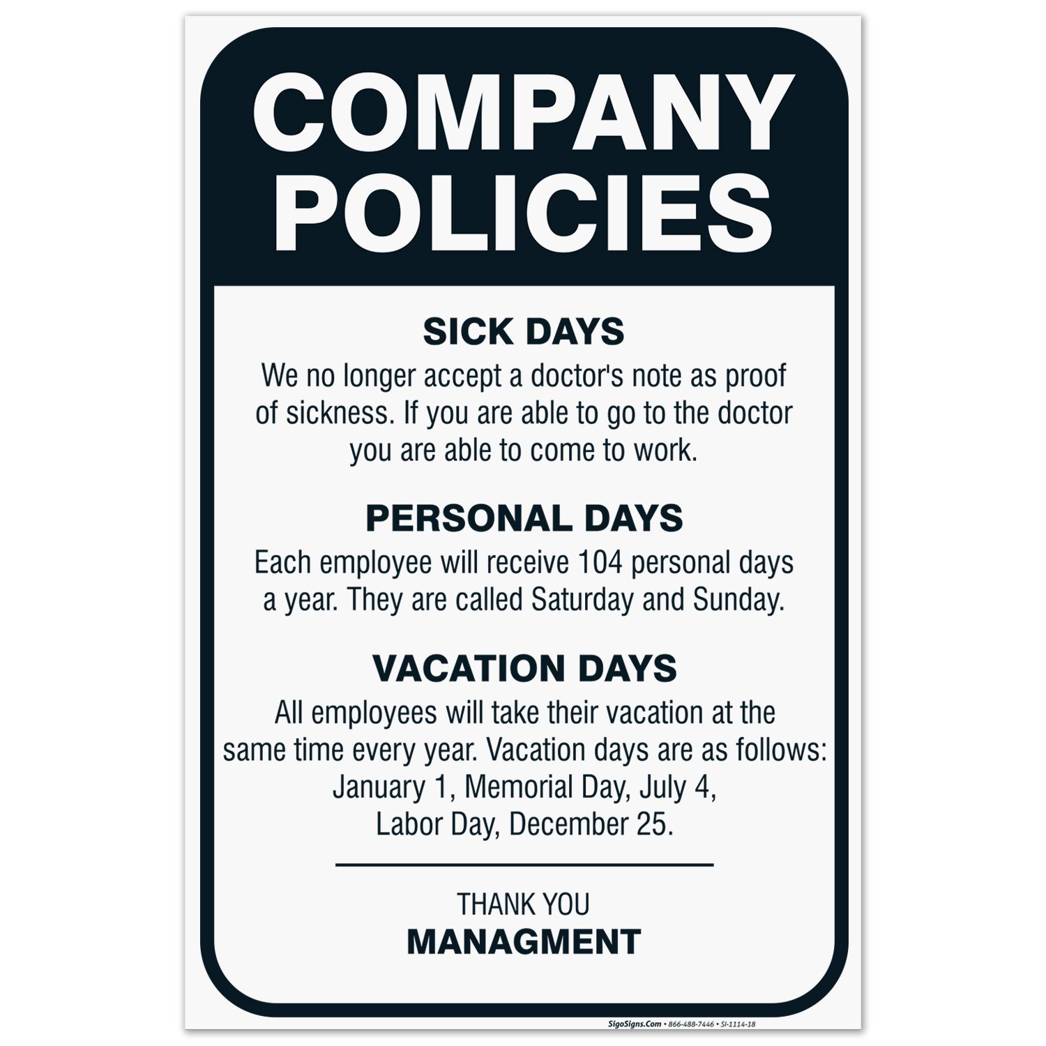 Company Policies Sign, Employees Break Room Decor, 24x36 Corrugated ...