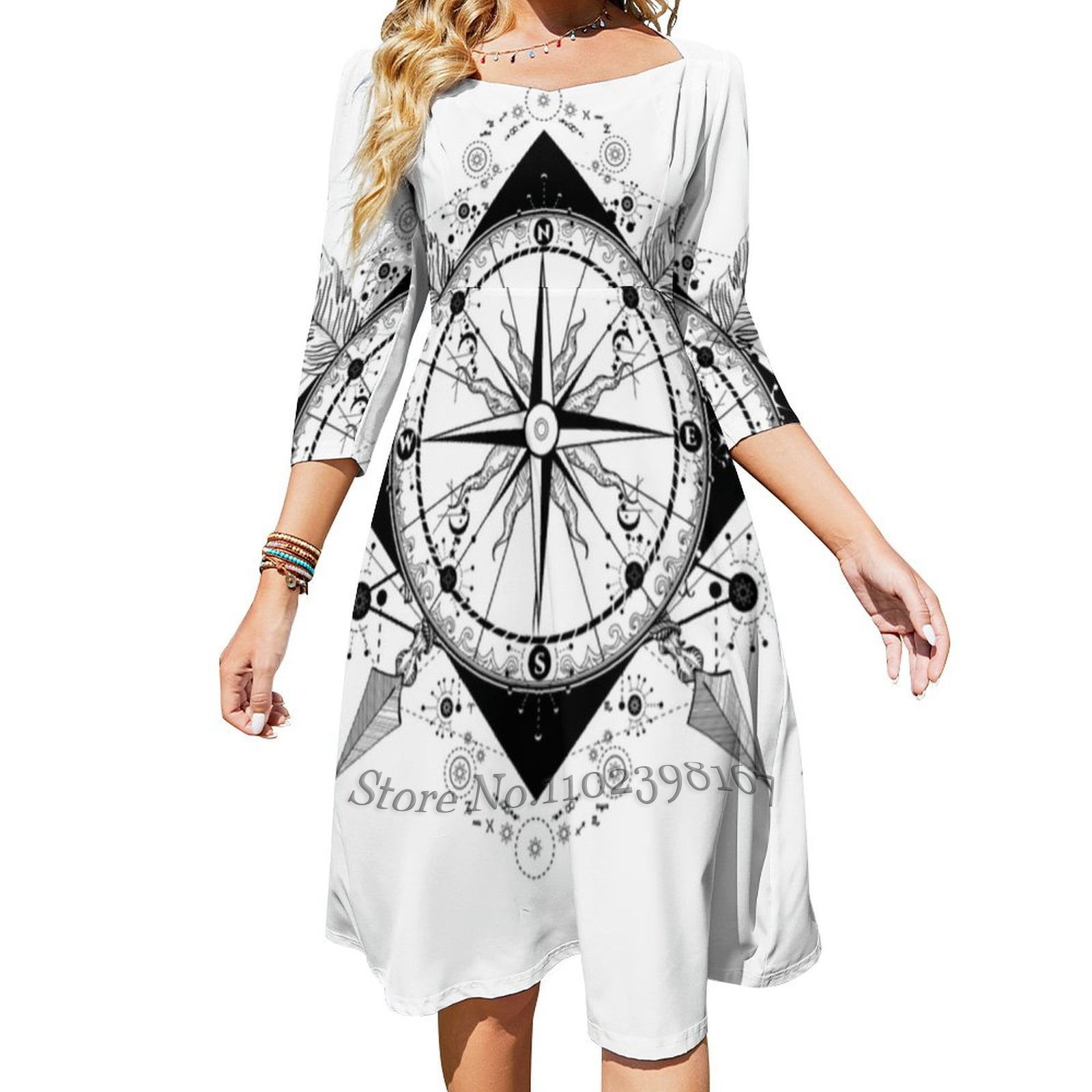 Compass And Crossed Arrows Square Neck Dress Sweet Summer Dress Women ...
