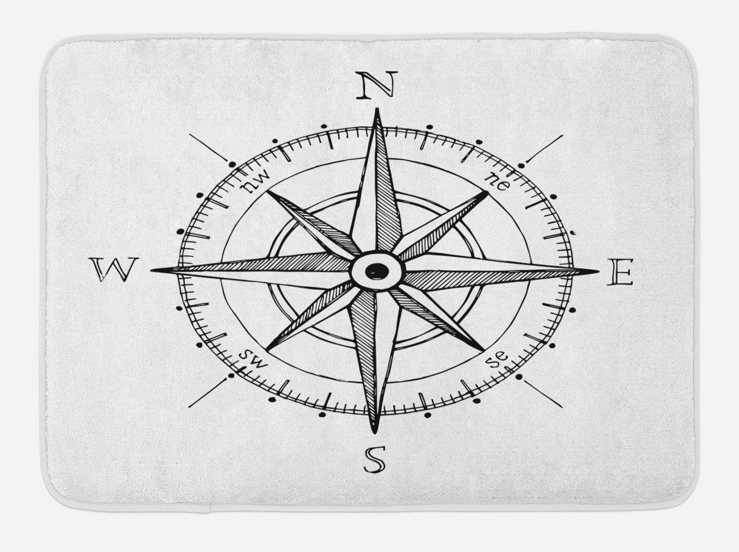 Compass Bath Mat, Hand Drawn Compass Windrose North and South East West ...