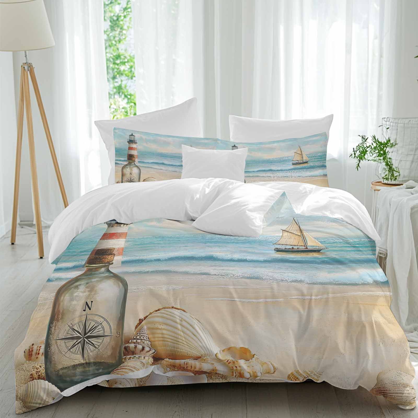 Compass Bottom Queen Duvet Cover Set, Vintage Watercolor Yellow Beach ...