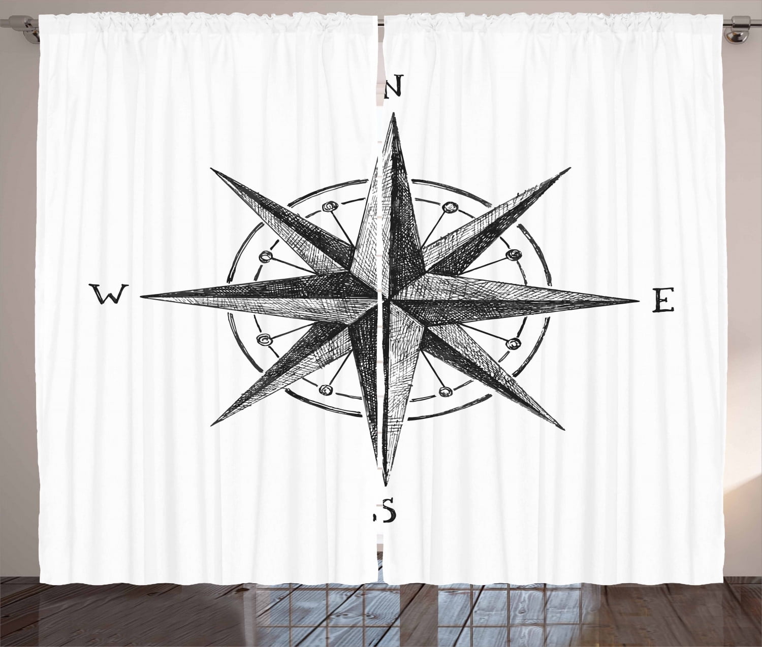 Compass Curtains 2 Panels Set, Seamanship Hand Drawn Windrose with Complete Directions North ...