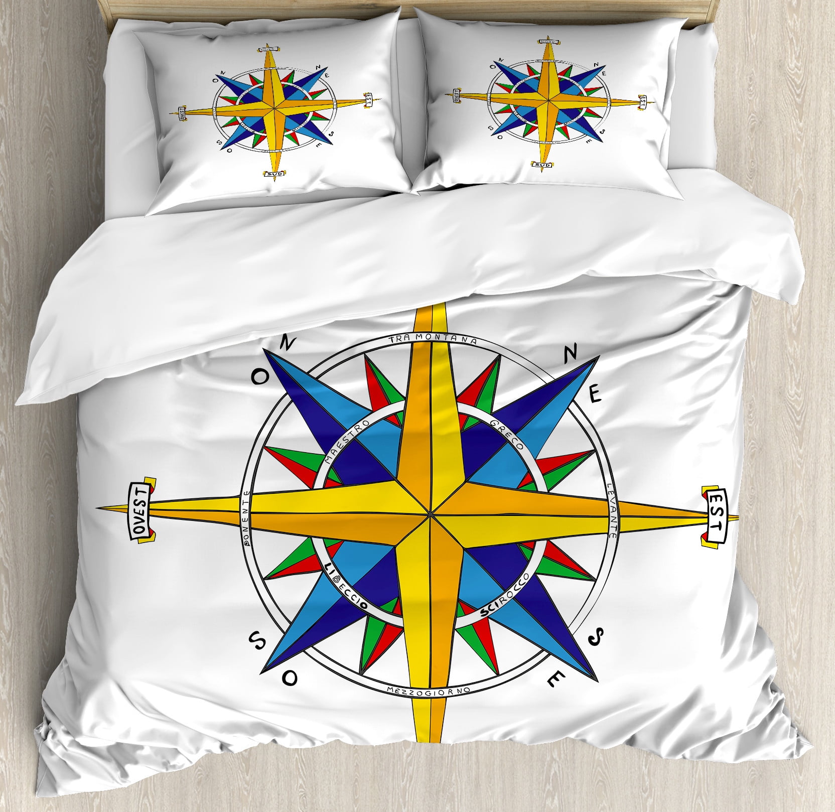 Compass Duvet Cover Set, Colorful Vivid Design Windrose Marine Life ...