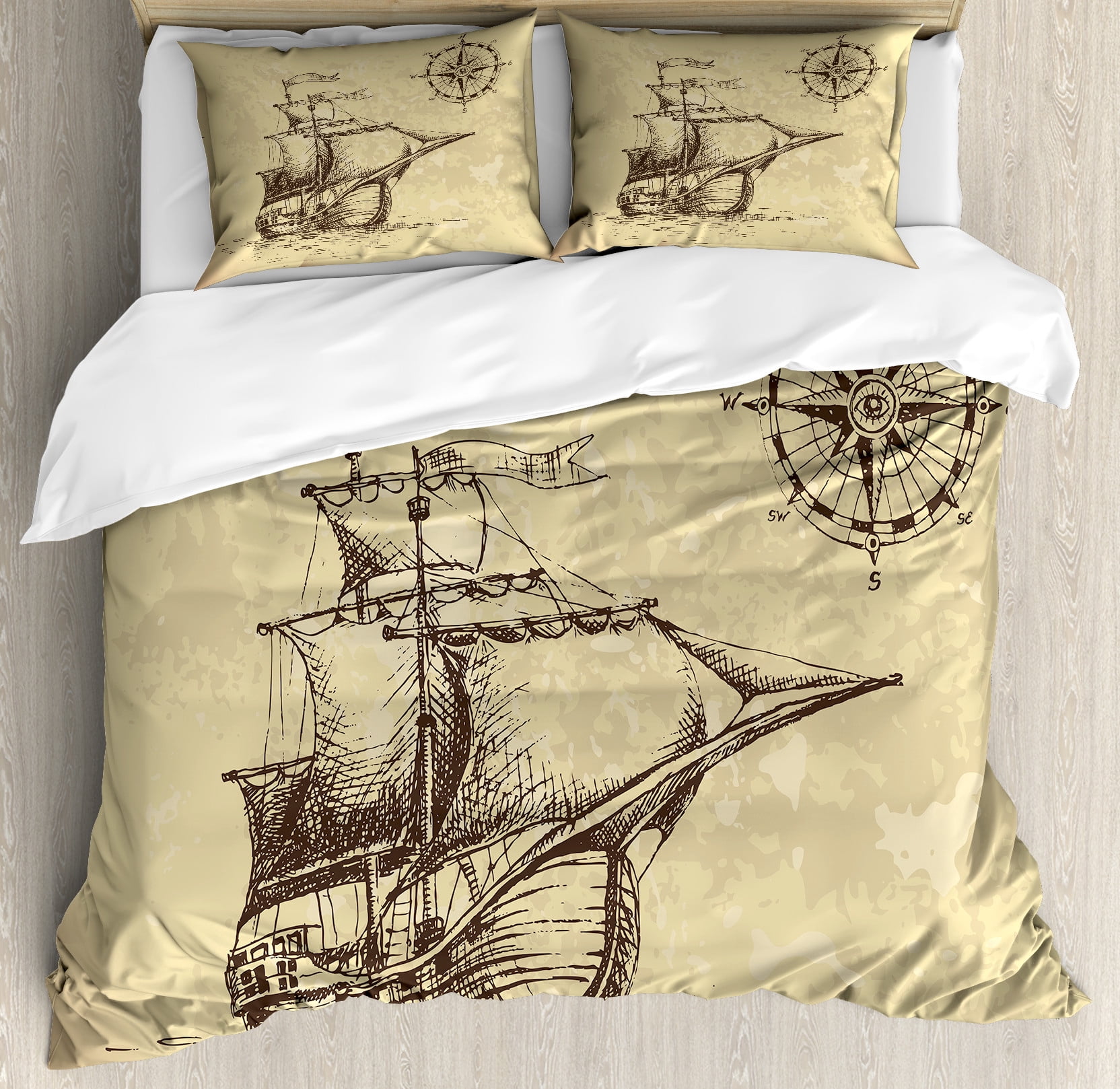 Compass Duvet Cover Set, Hand Drawn Old Paper Style Background Ship ...