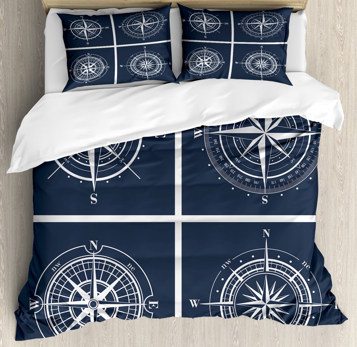 Compass Duvet Cover Set King Size, White Compasses with Navy Blue ...