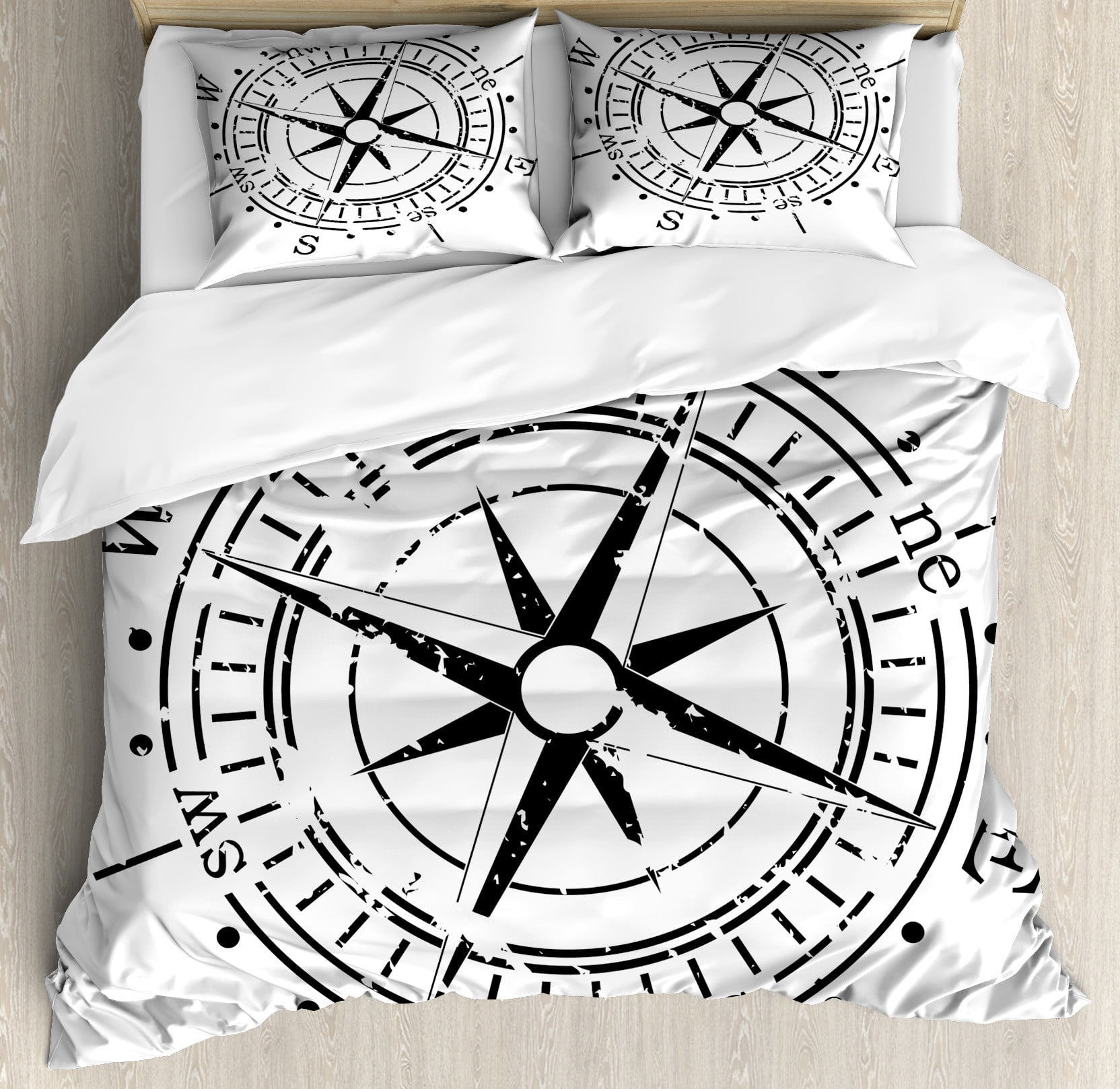Compass Duvet Cover Set, Monochrome Windrose Simplistic Design ...