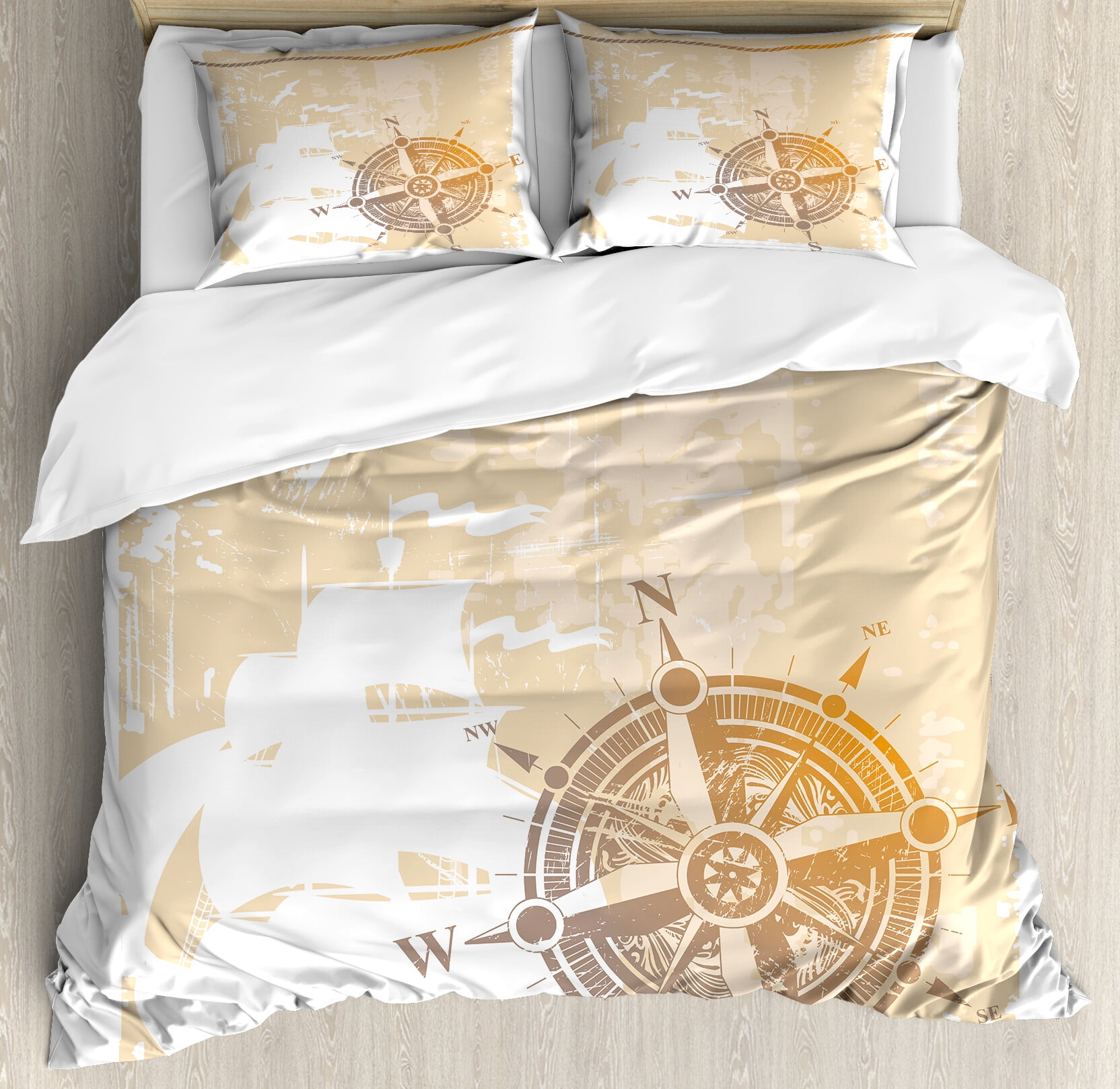 Compass Duvet Cover Set, Nautical Themed Compass Marine Life Inspired ...